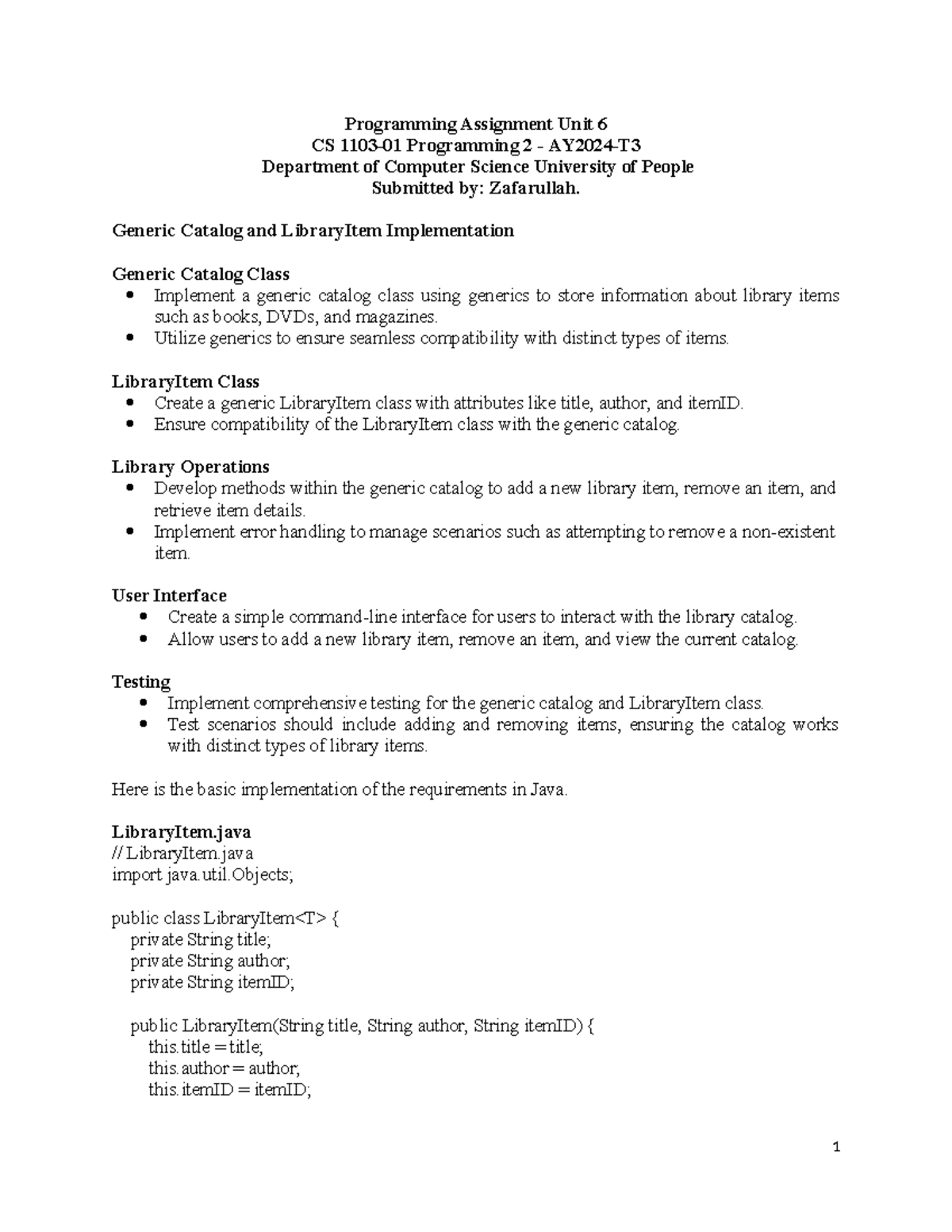 CS 1103-01 Programming 2: Unit 6 Assignment on Generic Catalogs - Studocu
