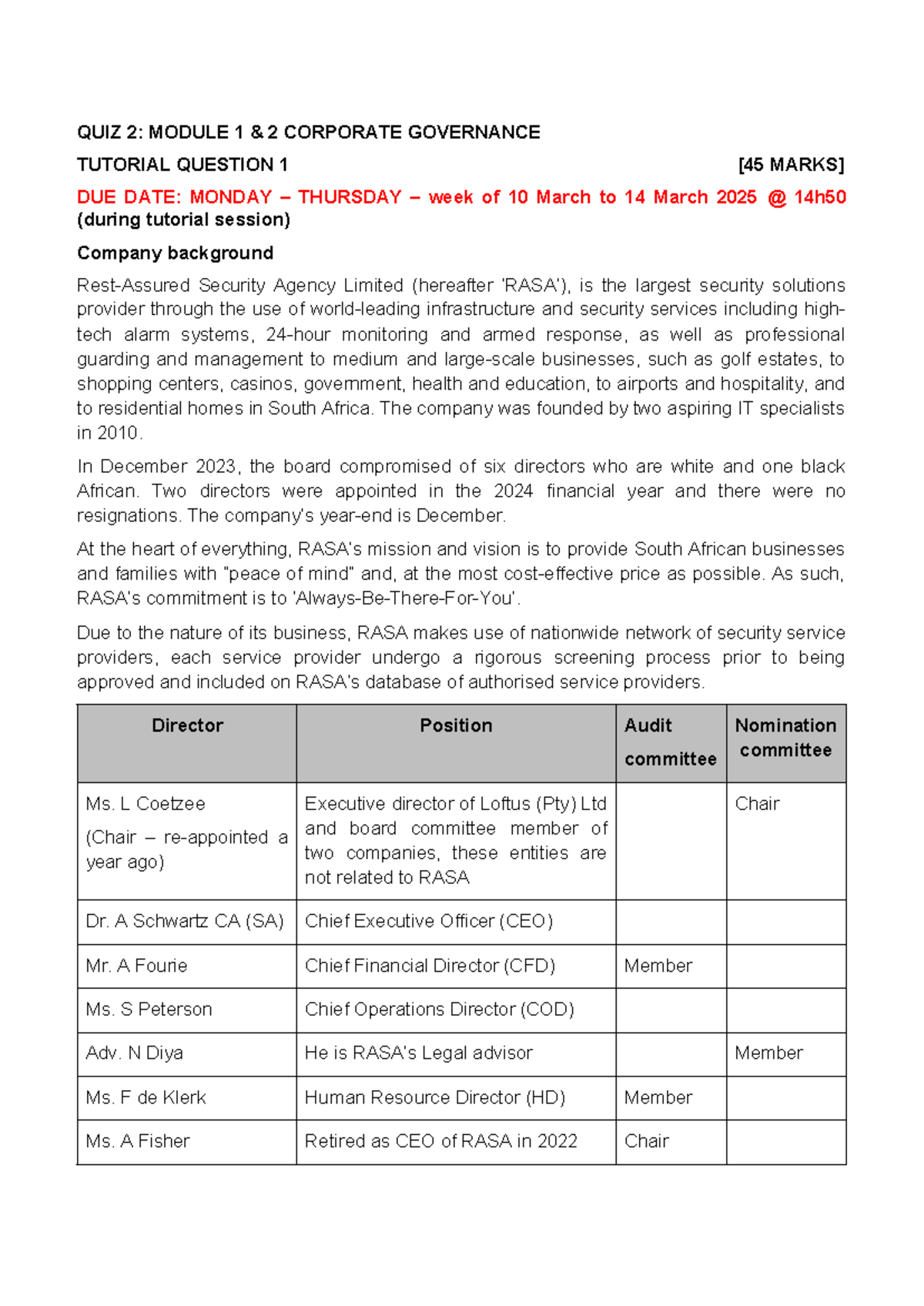 QUIZ 2: MODULE 1 & 2 CORPORATE GOVERNANCE TUTORIAL QUESTIONS - Studocu