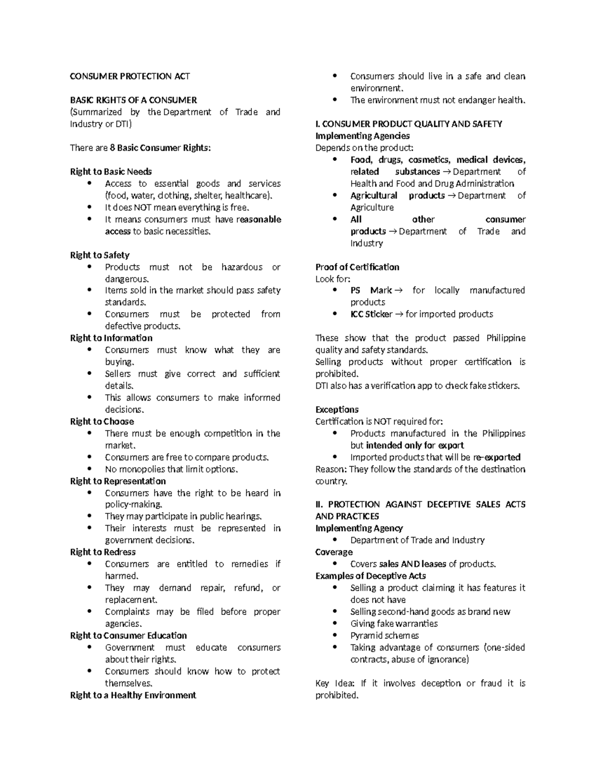 Consumer Protection Act: Basic Rights of Consumers (DTI Summary) - Studocu