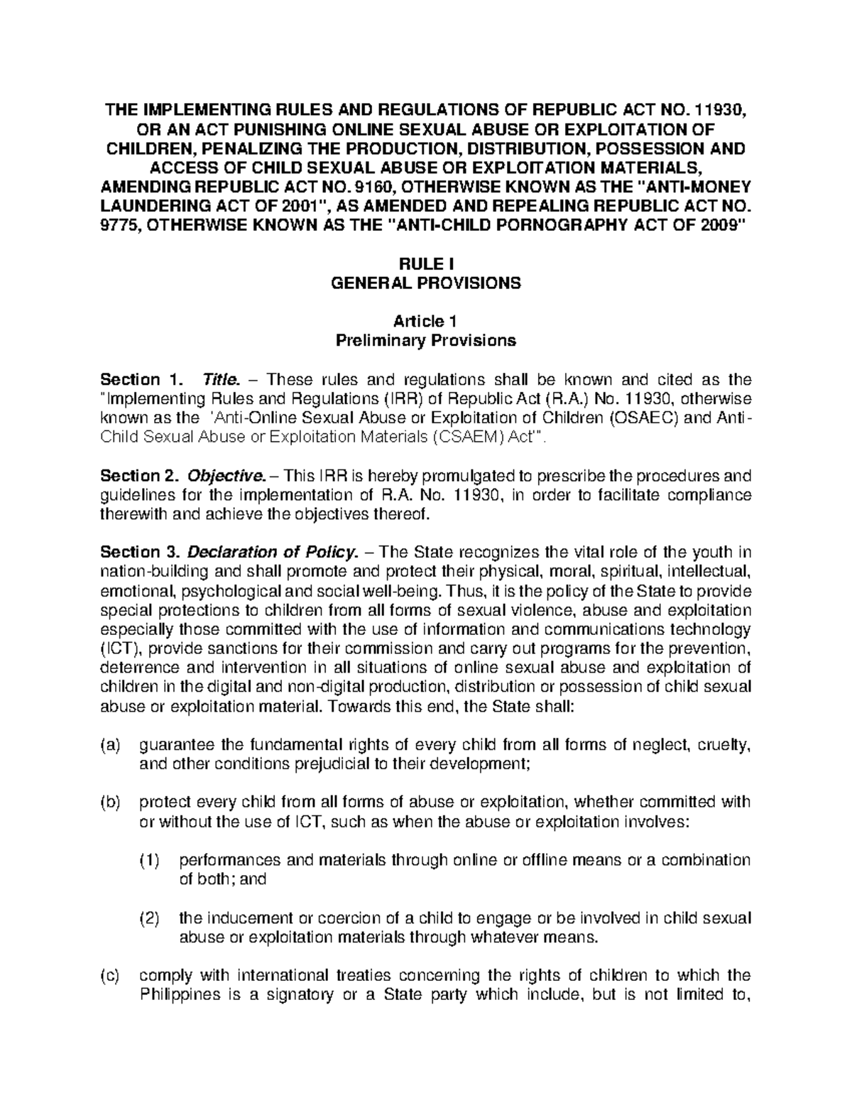 Implementing Rules & Regulations of RA 11930: Anti-OSAEC & CSAEM Act ...