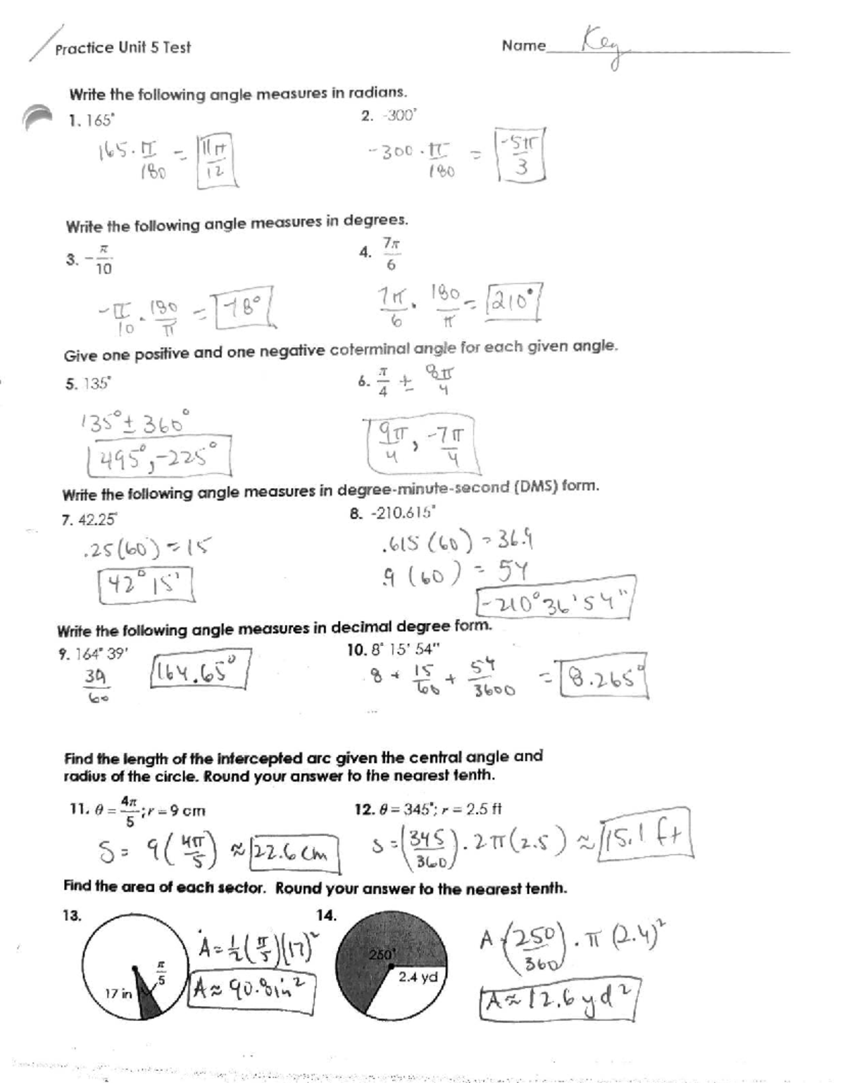 Practice Test 25-26 Key: Angle Measures and Trigonometric Functions ...