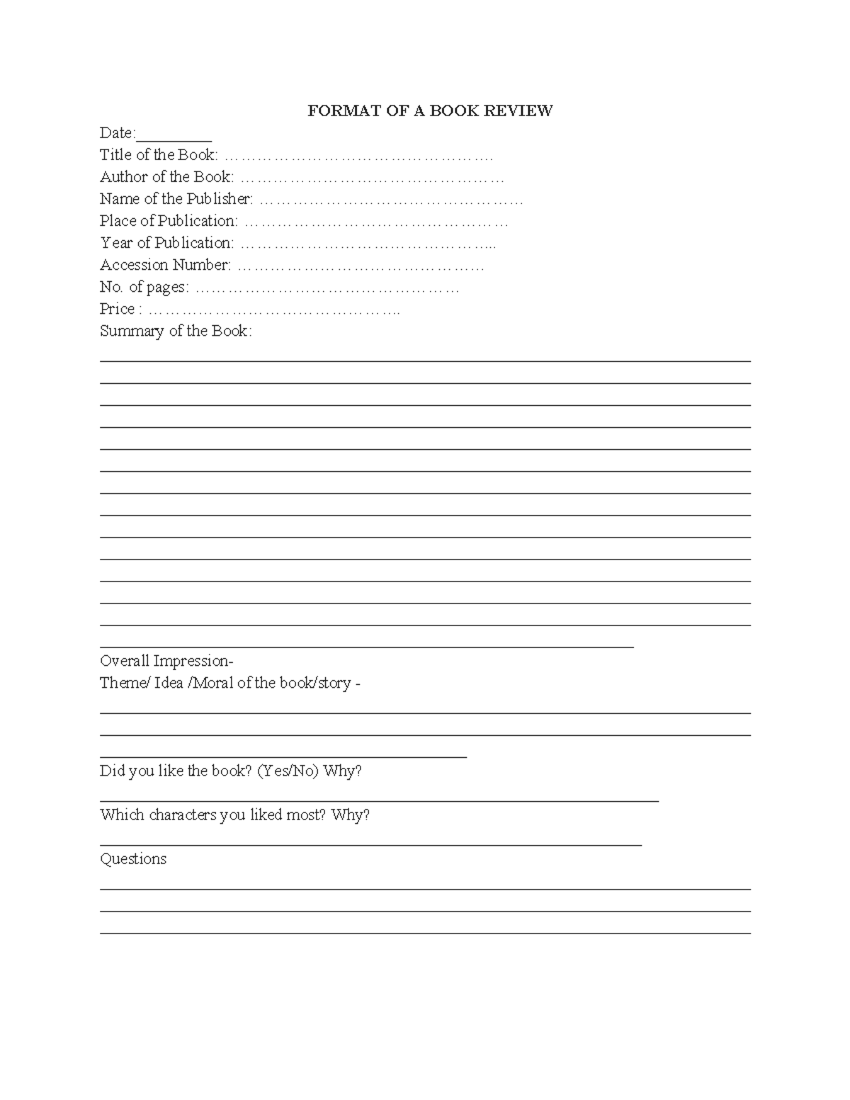 Book-review-format - Book review format - FORMAT OF A BOOK REVIEW Date ...