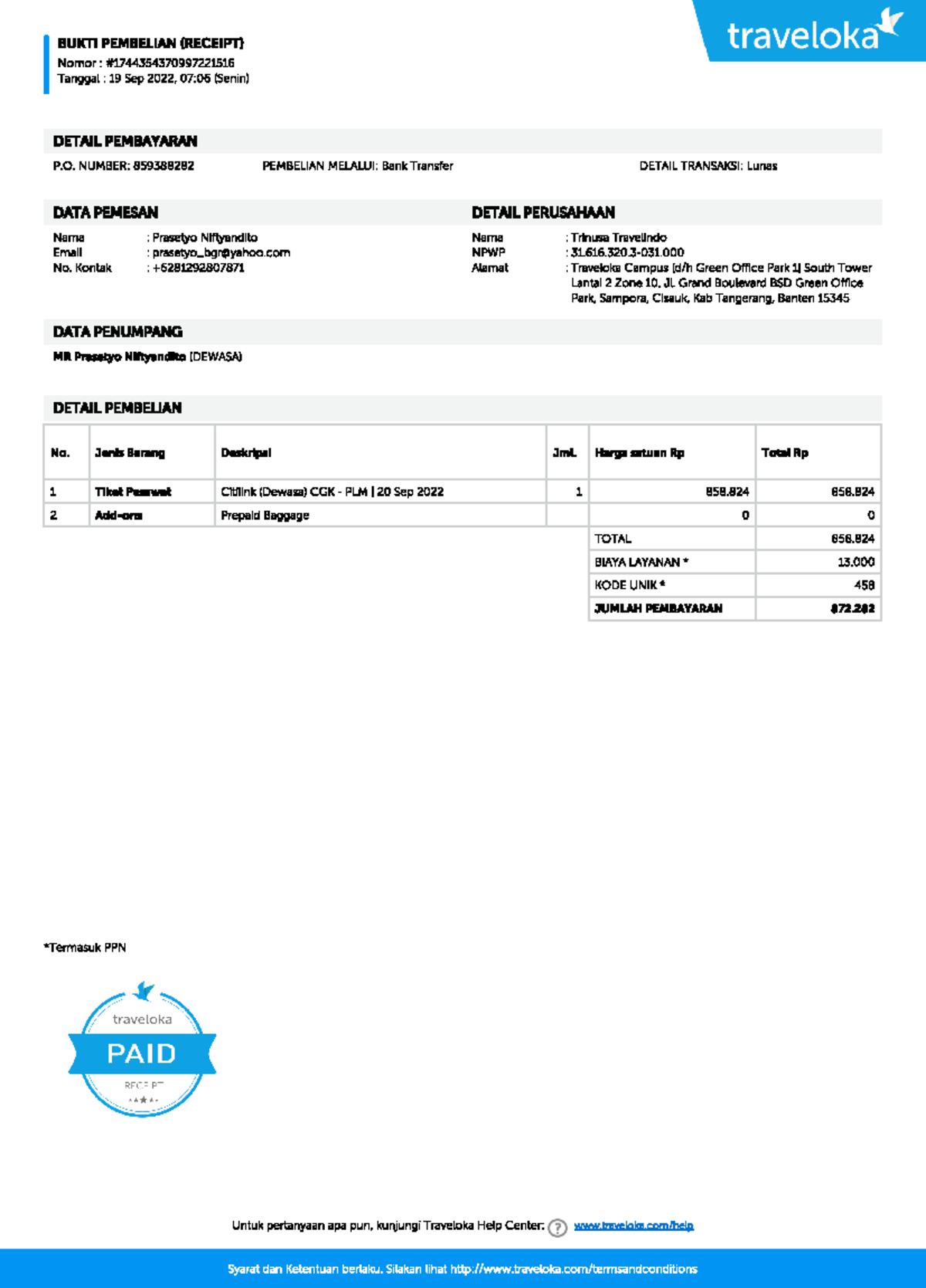 Receipt - Traveloka Order Confirmation for Mahasiswa - Studocu