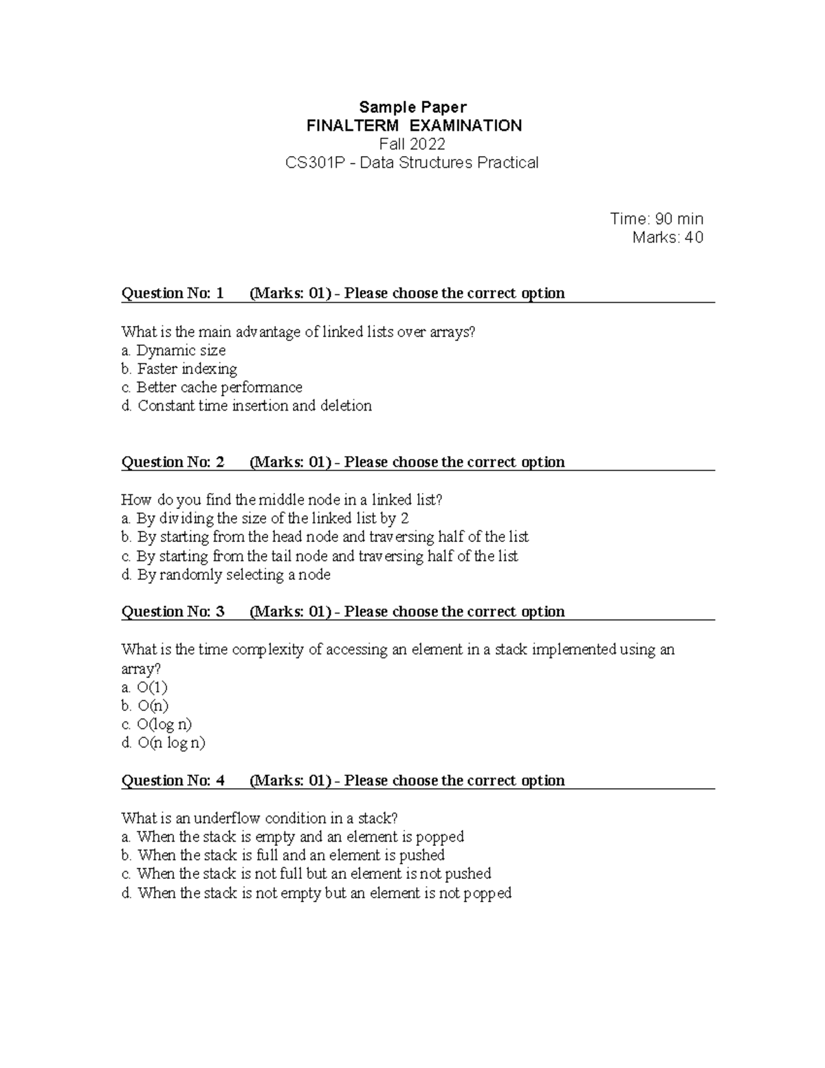 Sample Paper: CS301P Final Term Exam Data Structures Fall 2022 - Studocu