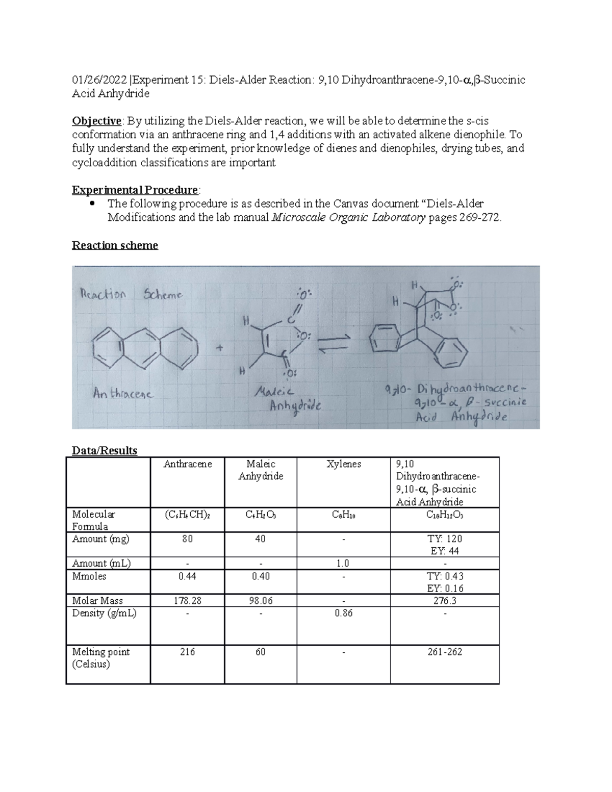 Experiment 15 DA Reaction - 01/26/2022 |Experiment 15: Diels-Alder ...