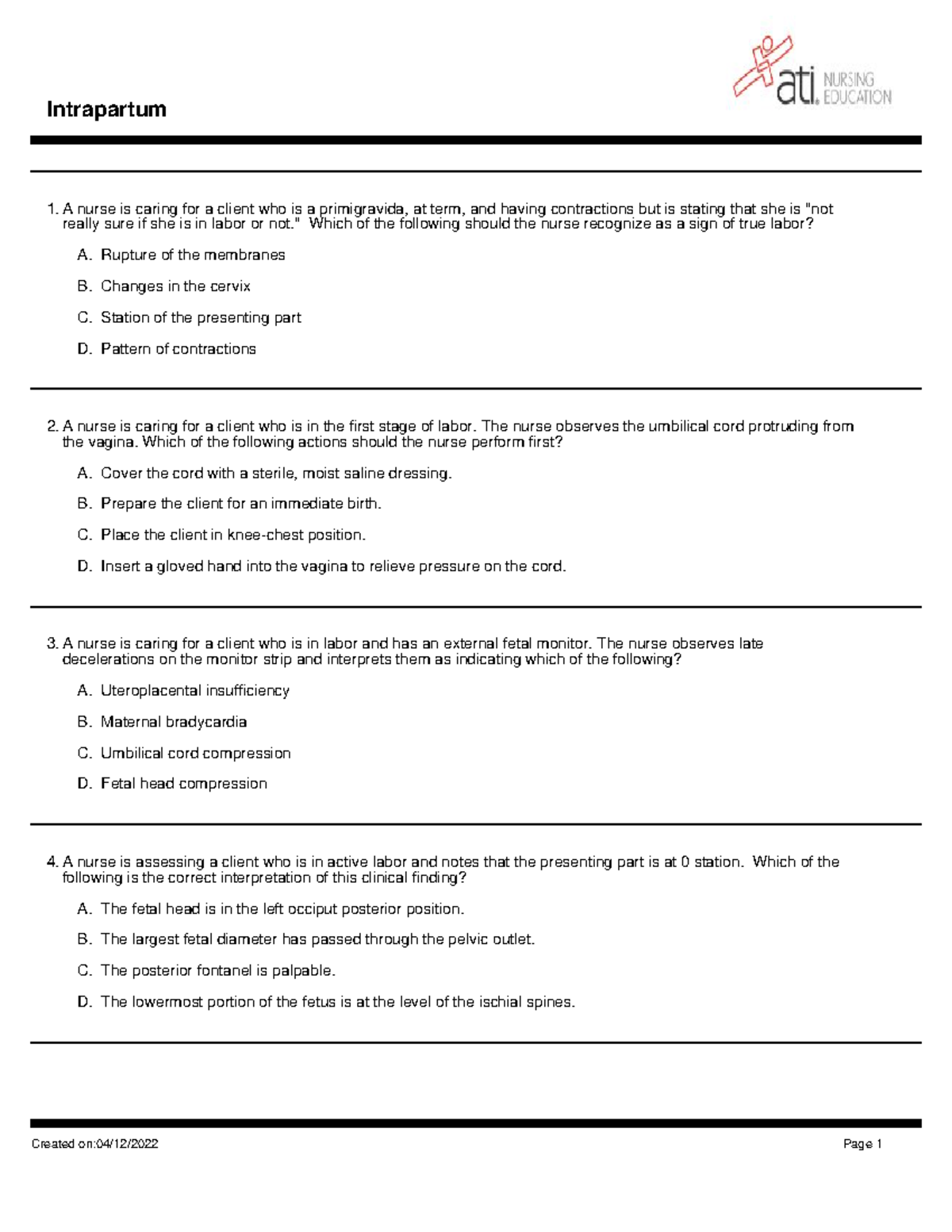 Intrapartum Care: Key Nursing Questions for Assessment and Action - Studocu