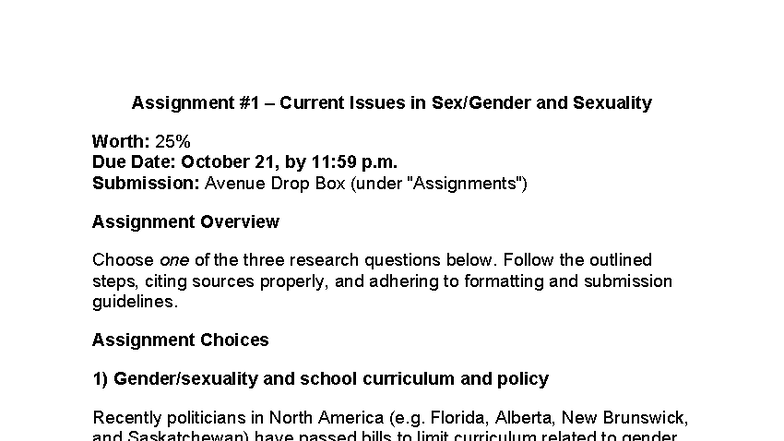 1AA3 Assignment 1: Current Issues in Sexuality and Education - Studocu
