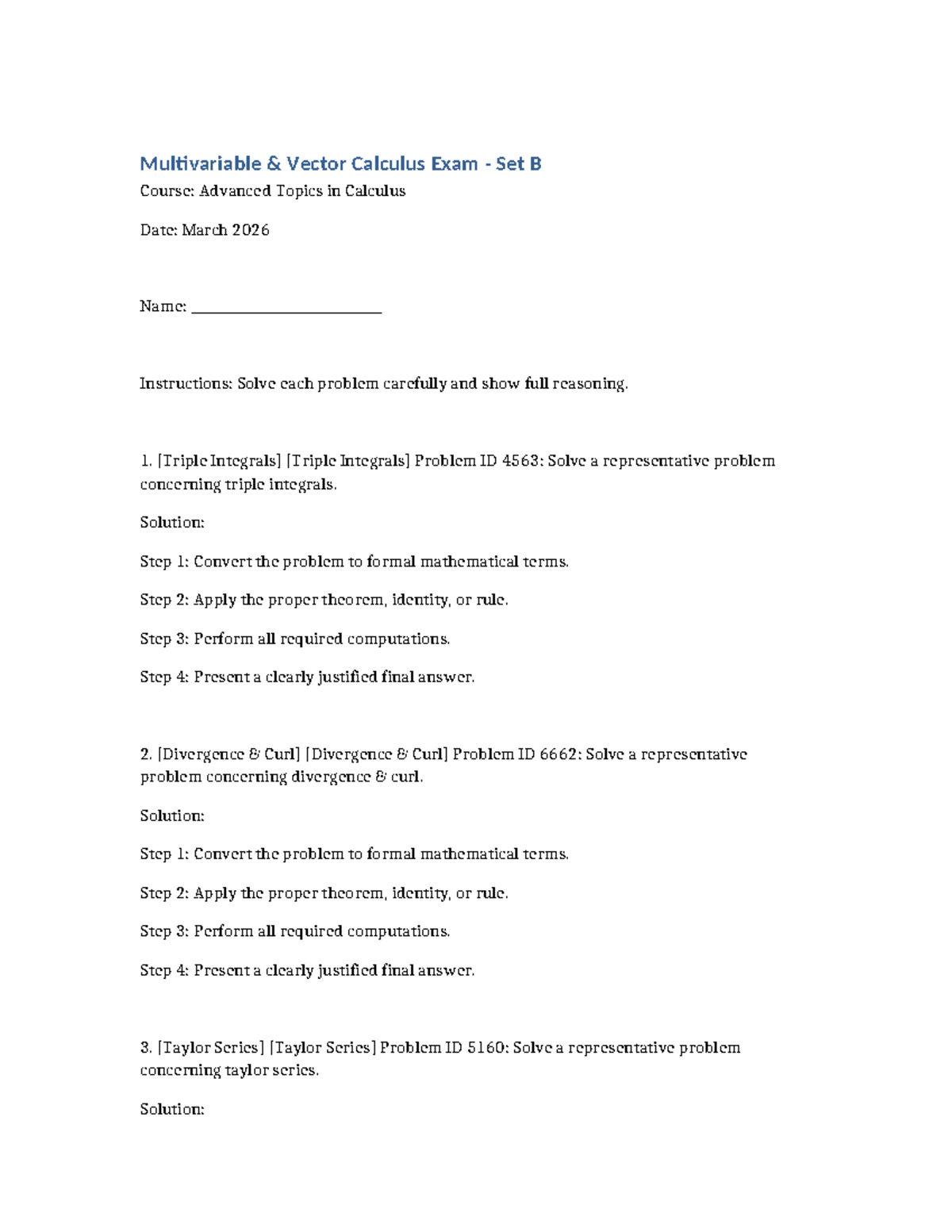 Math 9953 Multivariable Vector Calculus Exam Set B Solutions - Studocu