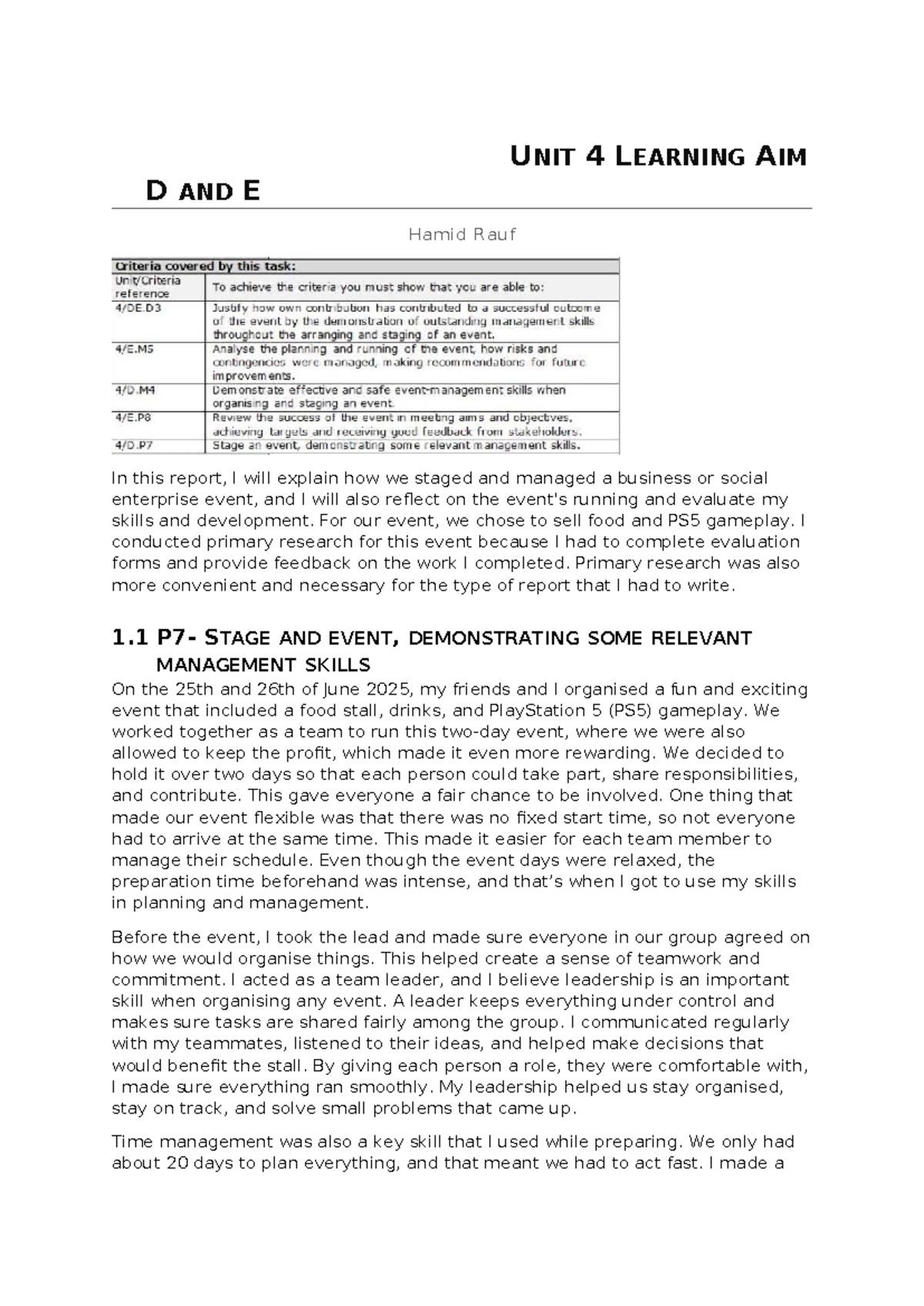 Unit 4 Learning Aim D and E: Event Management Reflection and Analysis ...