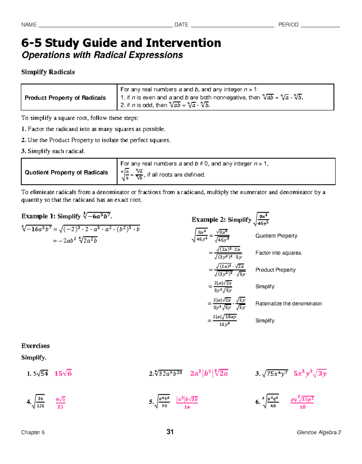 Algebra 2: 6-5 Study Guide on Operations with Radical Expressions - Studocu