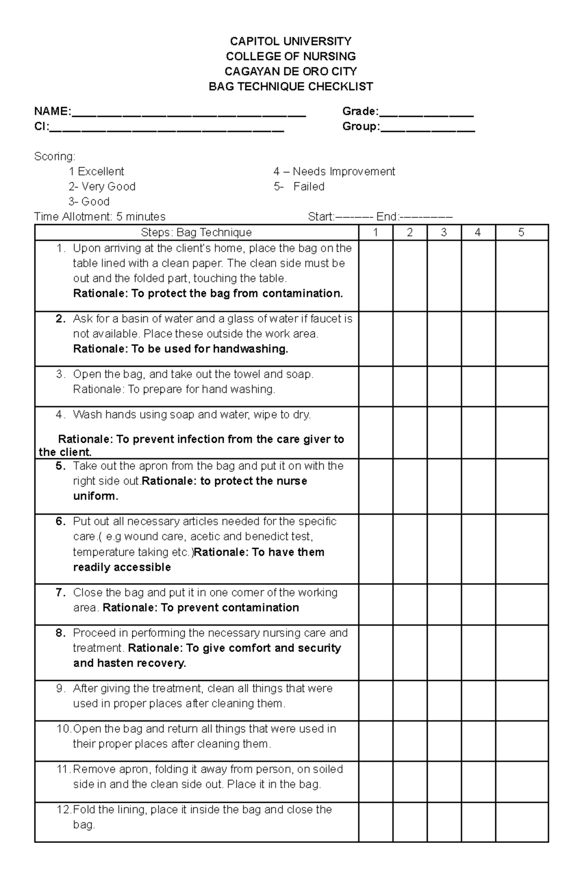 Nursing BAG Technique Checklist for Safe Client Care Practices - Studocu