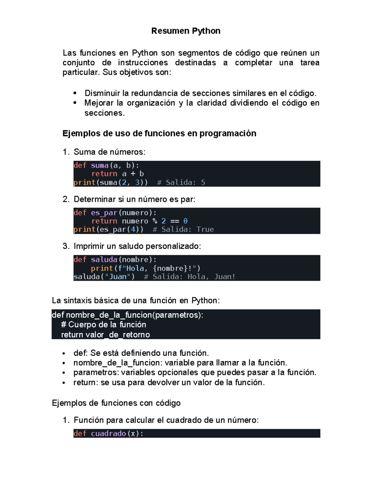 Resumen de Funciones en Python - Conceptos y Ejemplos - Studocu