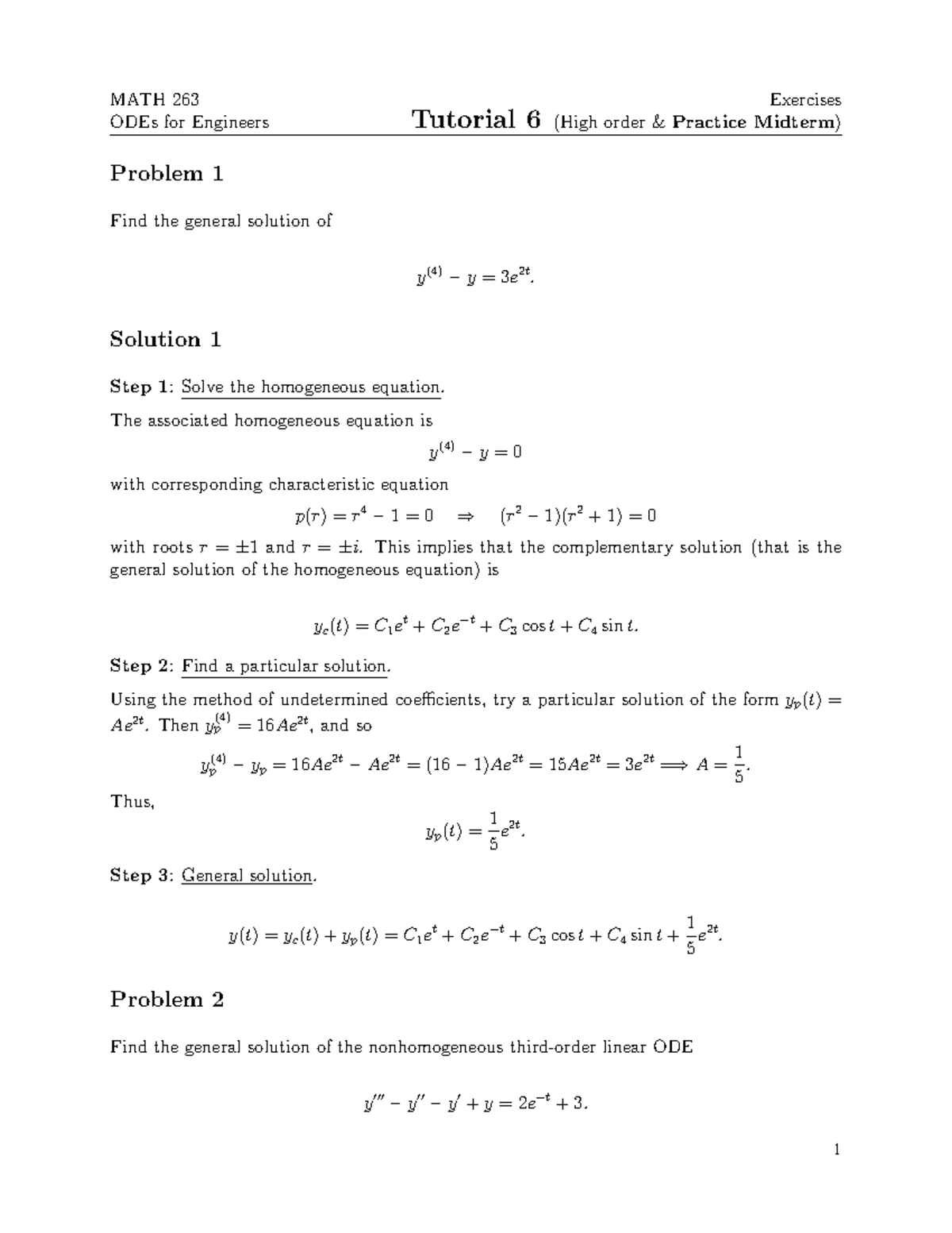 MATH 263 ODEs for Engineers Midterm Practice Exercises Tutorial 6 - Studocu
