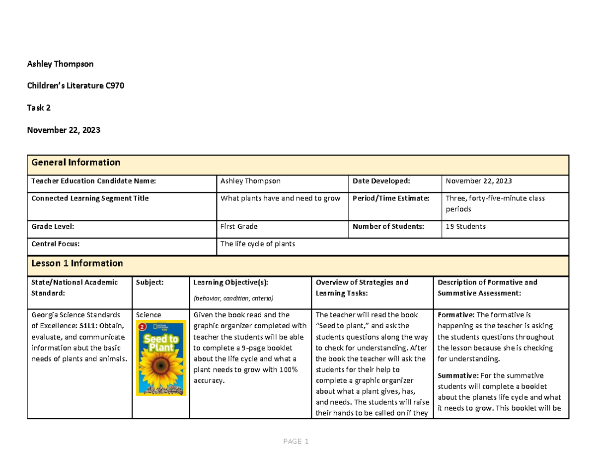 C970 Task 2 - Lesson Plan on Plant Life Cycles for First Grade - Studocu