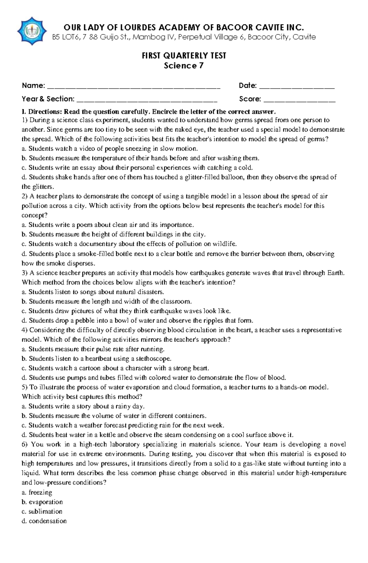 Science 7 - First Quarterly Test Exam Questions and Answers - Studocu