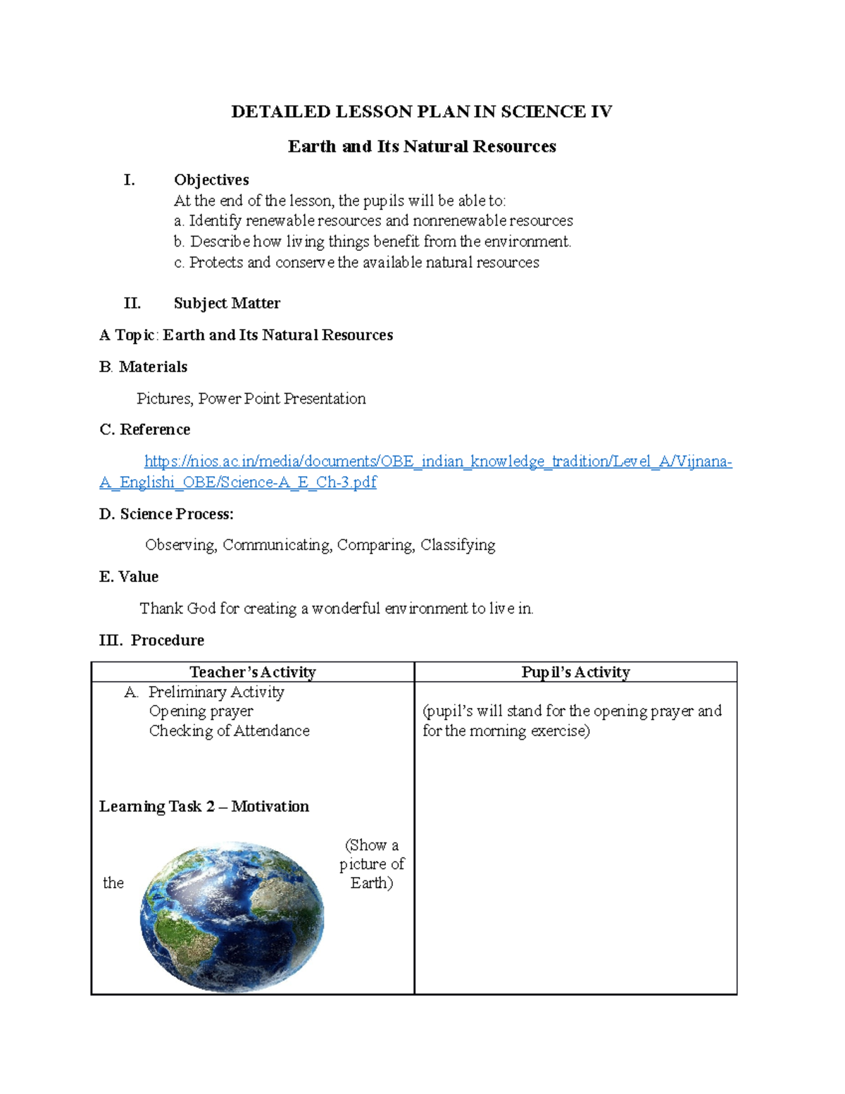 Detailed Lesson Plan for Science IV: Earth and Its Natural Resources ...