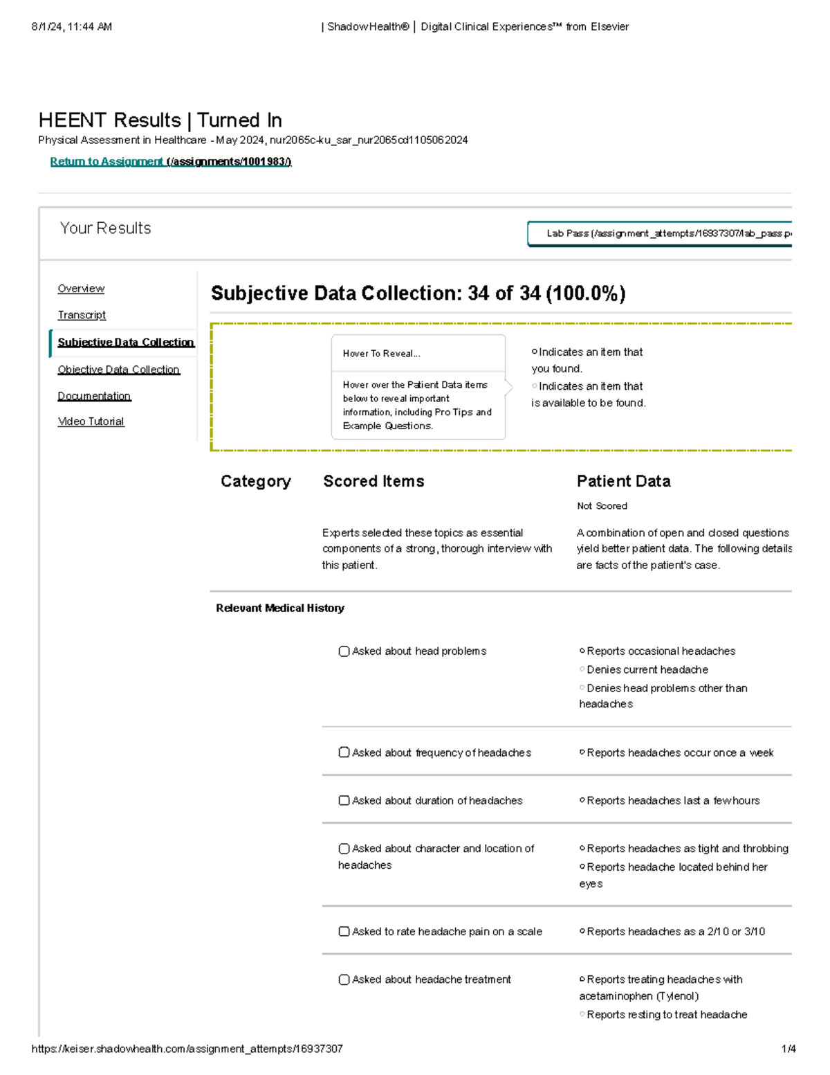 HEENT Subjective Data Collection - NUR2065C Final Exam Overview - Studocu