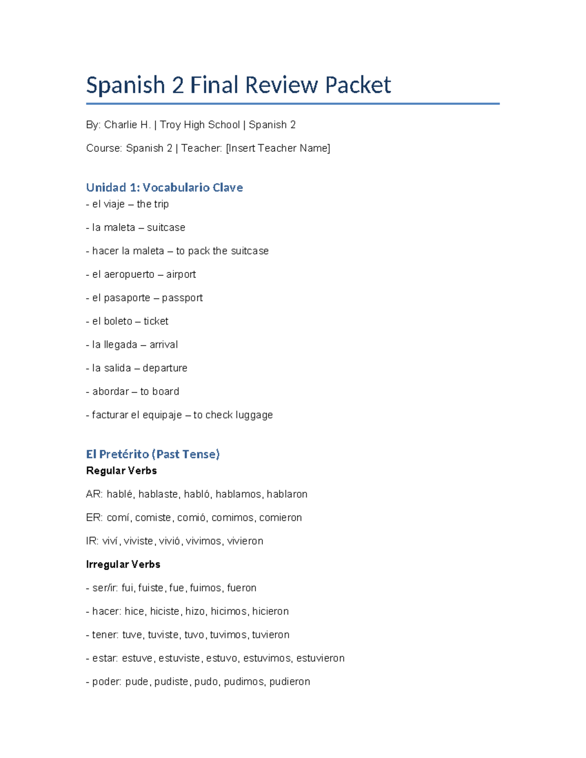 Spanish 2 Final Exam Review Packet: Key Vocabulary & Past Tense - Studocu