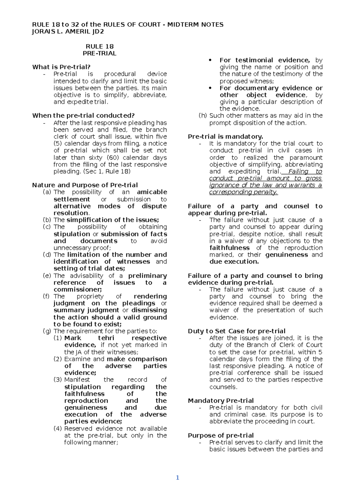 RULES OF COURT MIDTERM NOTES (JD2) - RULES 18 TO 32 SUMMARY - Studocu