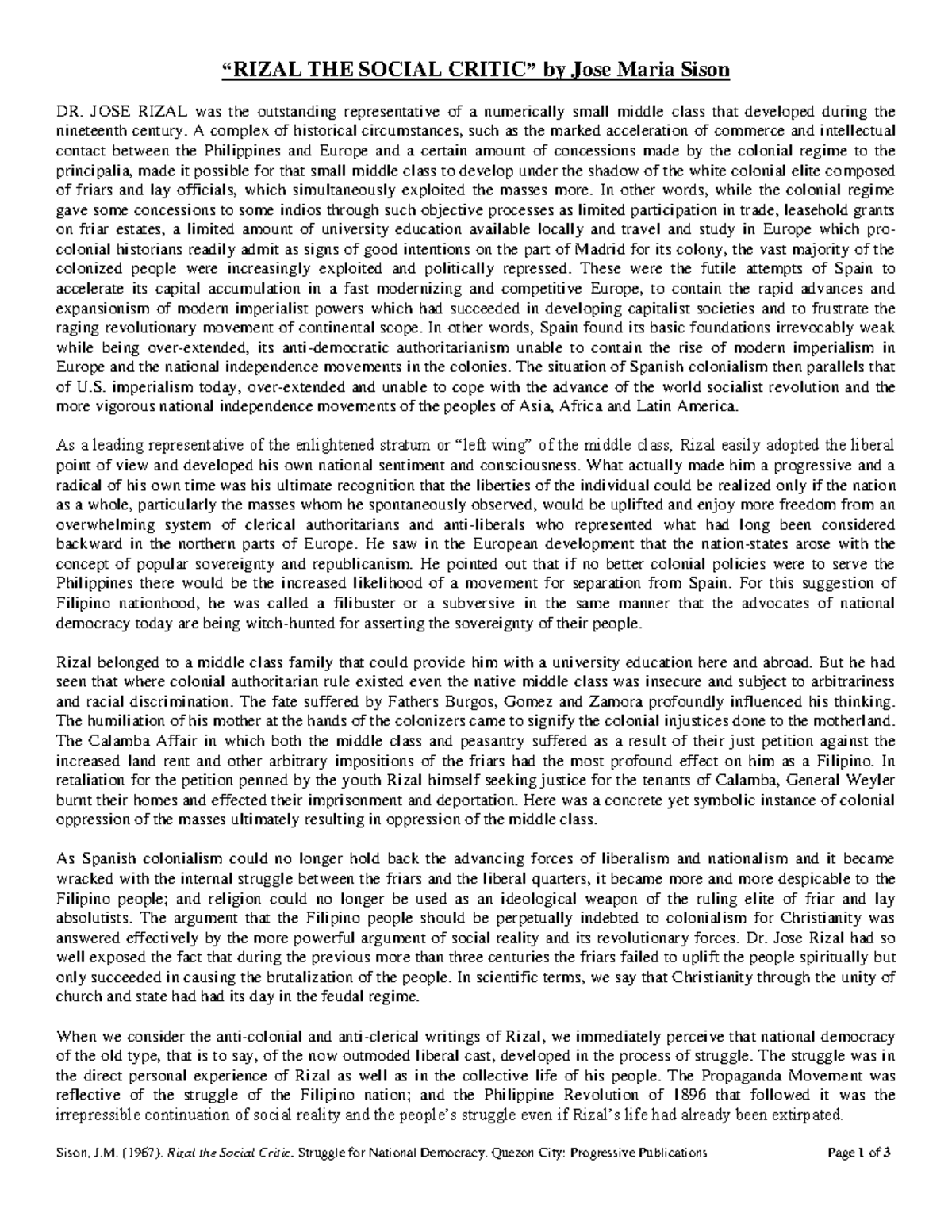 Rizal's Social Critique: National Democracy in a Colonial Context - Studocu