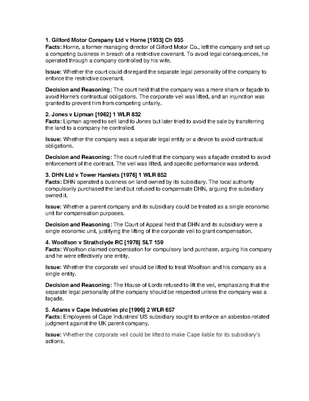Veil of Incorporation Cases: Key Legal Principles and Judgments - Studocu