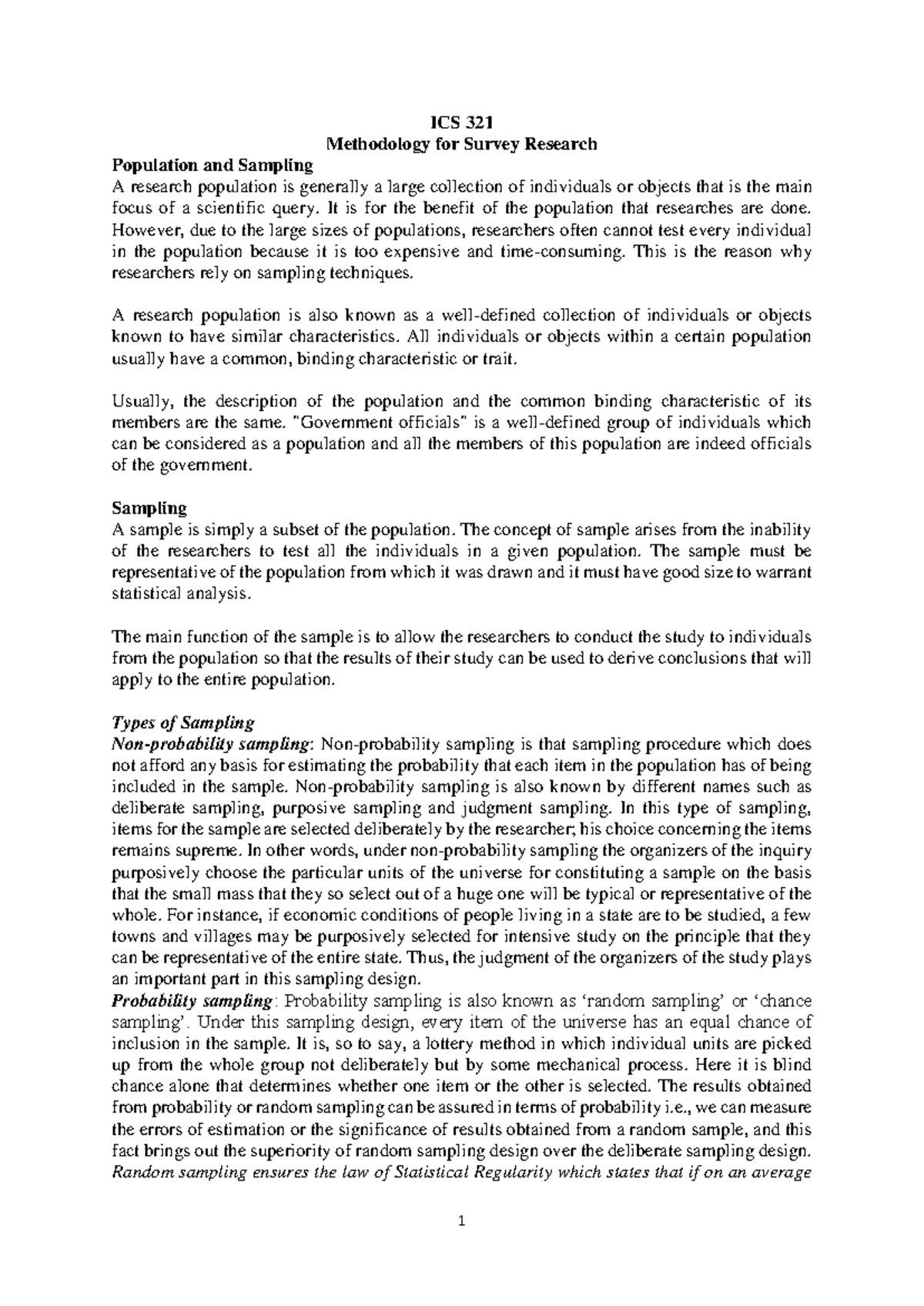 ICS 321 Methodology for Survey Research: Population & Sampling ...