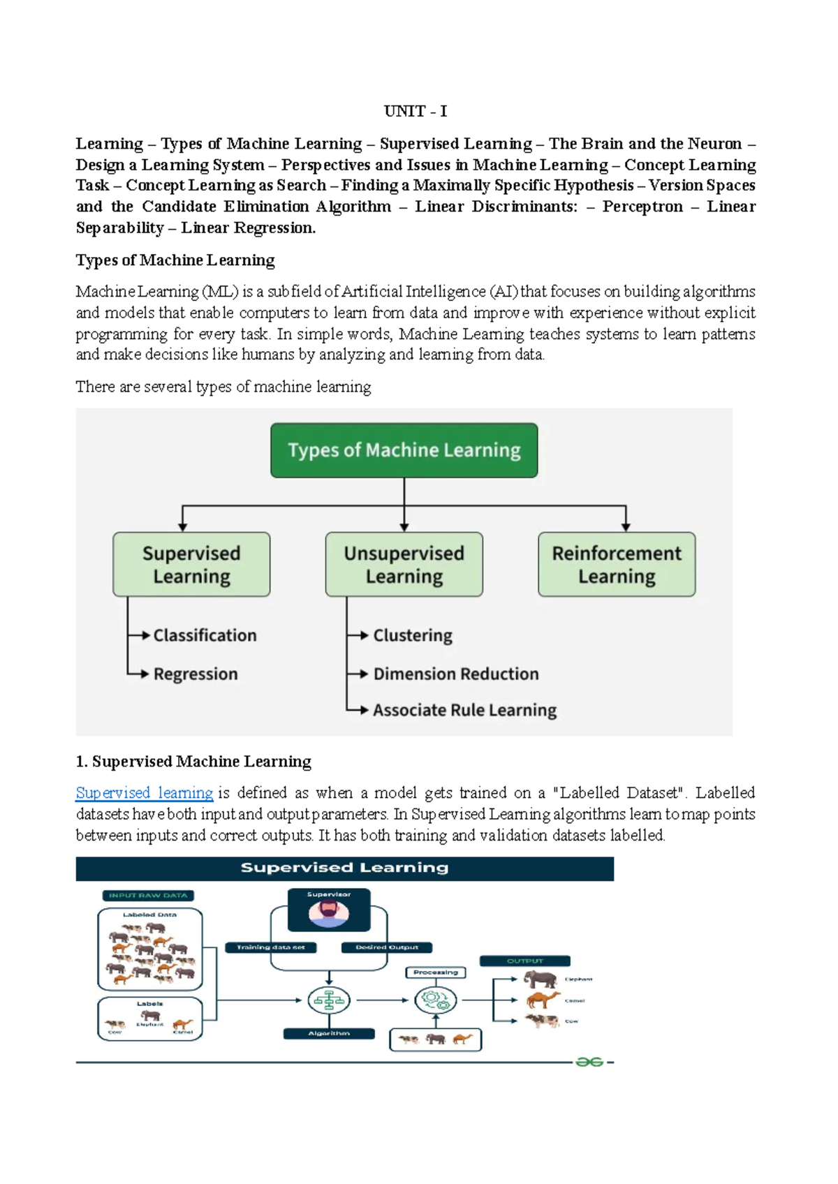 ML Unit I: Types of Machine Learning and Key Concepts - Studocu