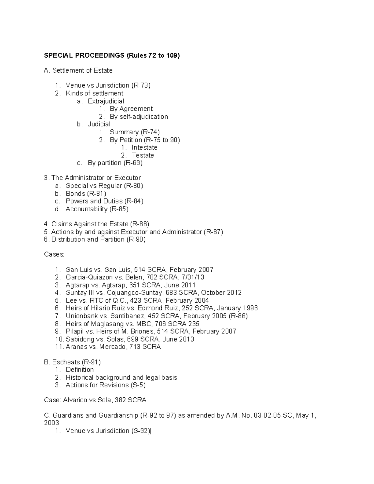 SPECIAL PROCEEDINGS SYLLABUS: Rules 72-109 Overview and Cases - Studocu