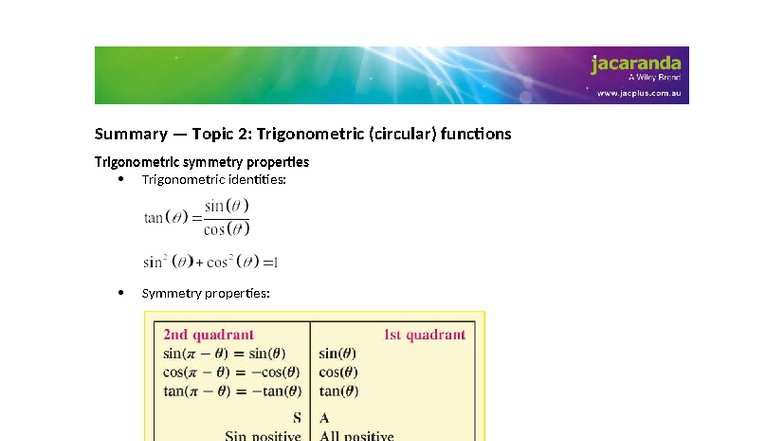 Chapter 02 - Summary: Trigonometric Functions & Properties (150755 ...