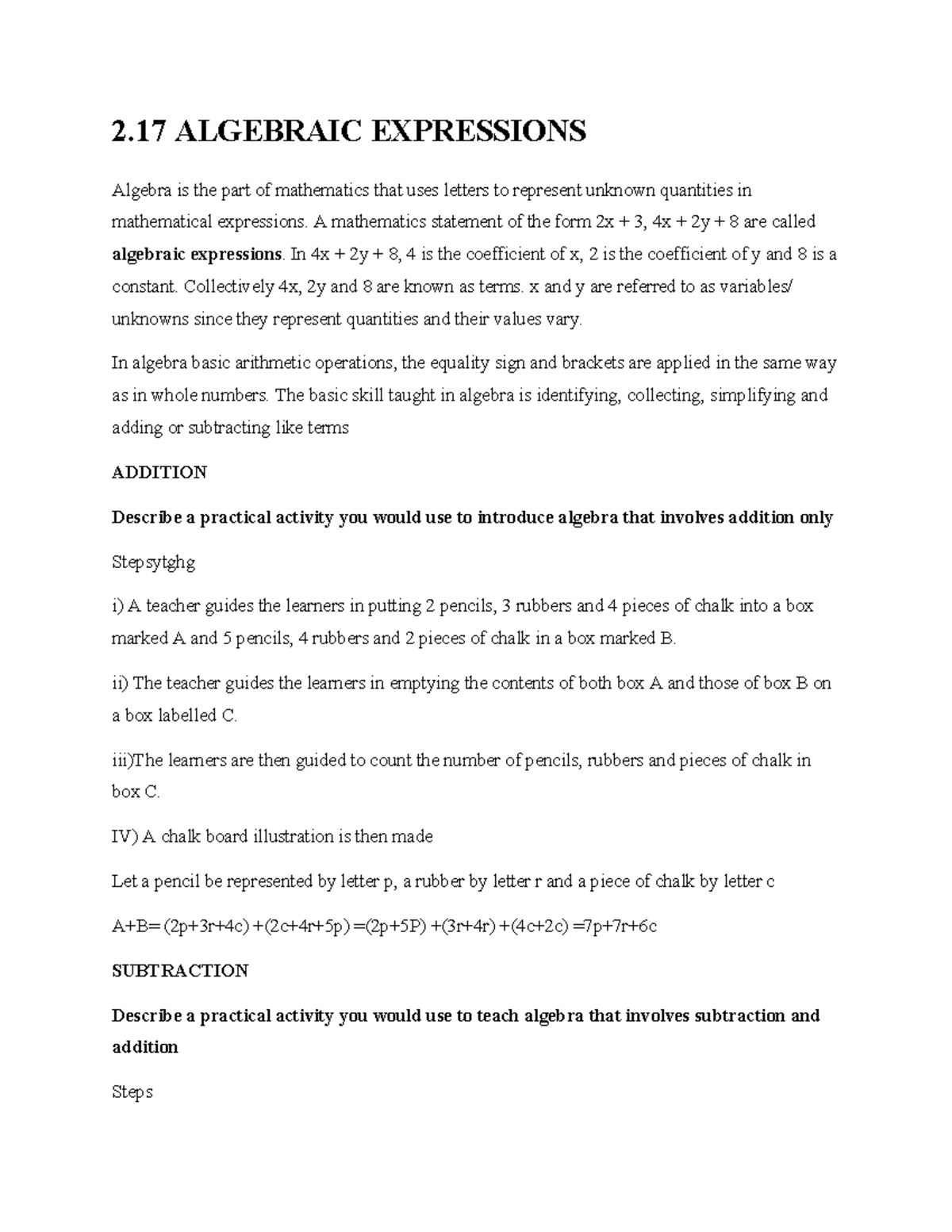 2.17 ALGEBRAIC EXPRESSIONS & EQUATIONS: Concepts & Activities - Studocu