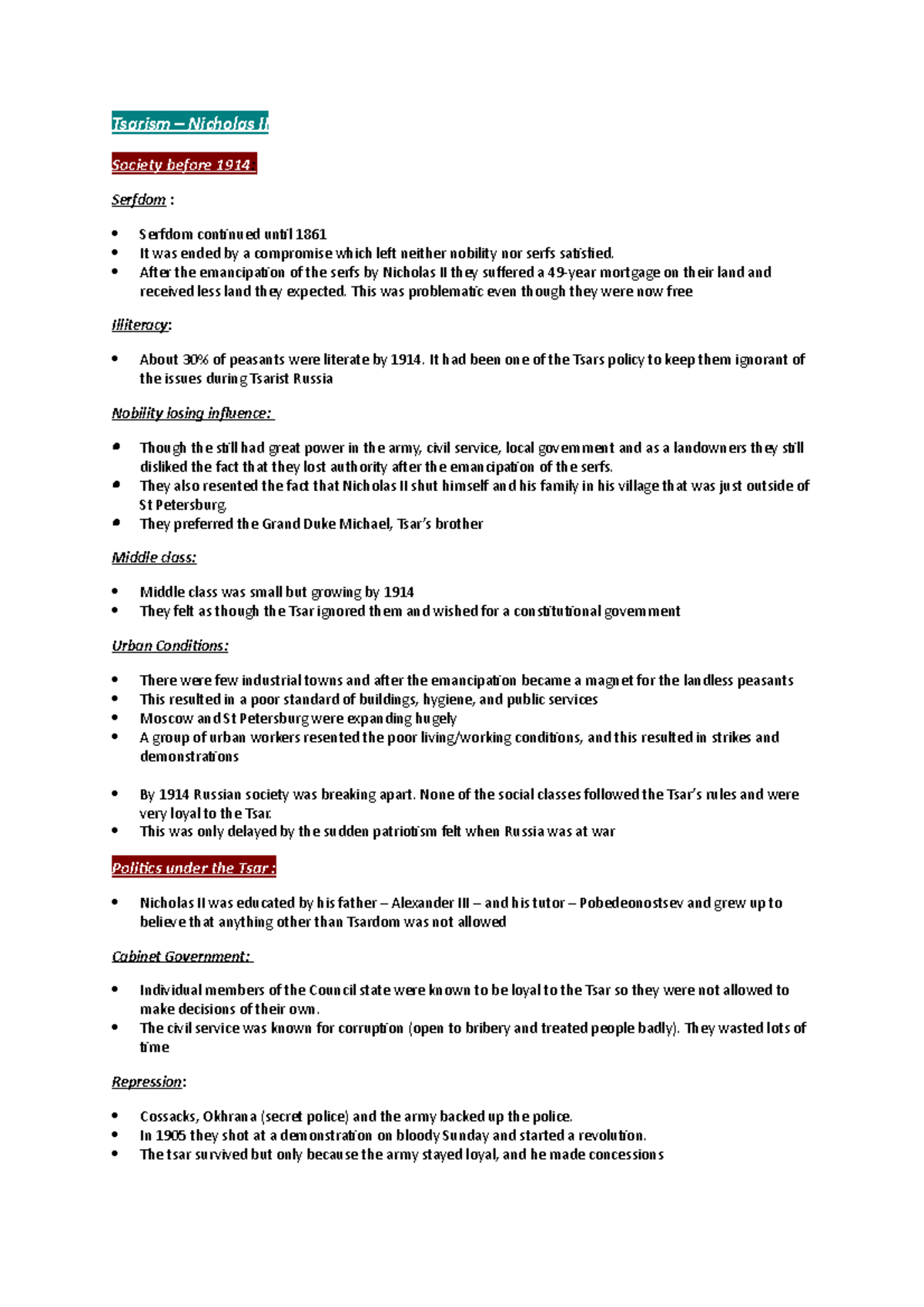 Revision Notes for History: Tsar Nicholas II (HIST 101) - Studocu