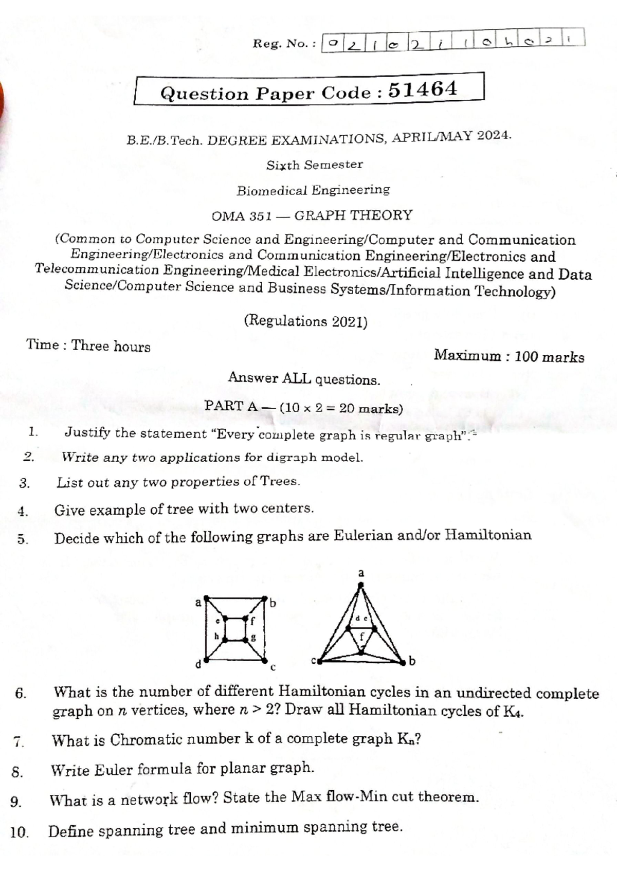 GT OMA 351 Graph Theory QP - Degree Exam 2024 - Studocu