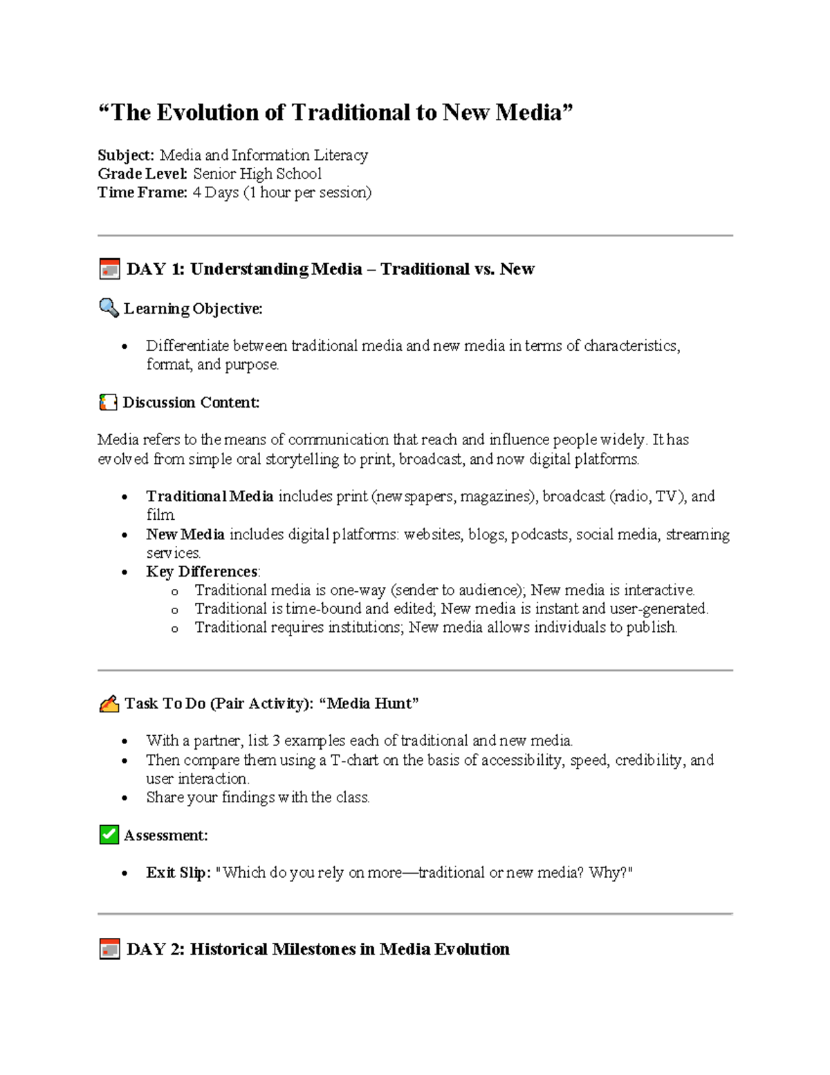 Media Evolution: From Traditional to New - MIL Grade 12 Lesson Plan ...