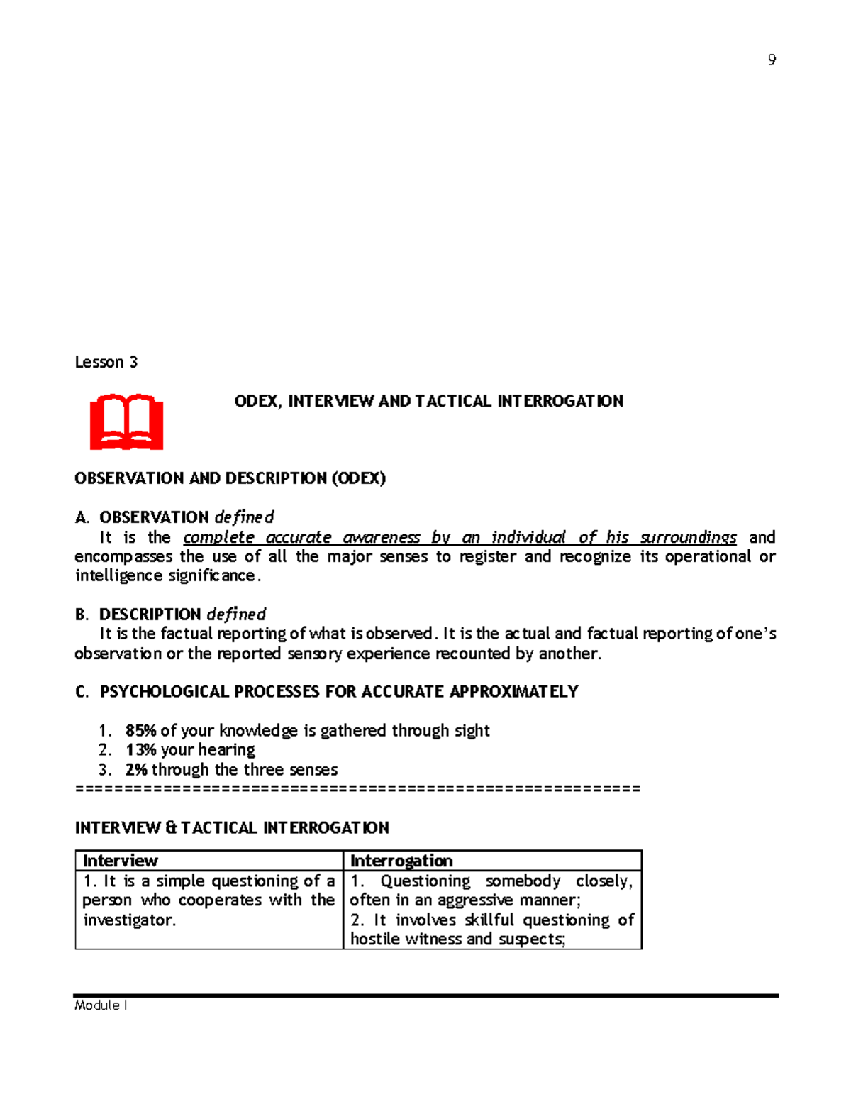 ODEX, Interview and Tactical Interrogation - 9 Module I Lesson 3 ...