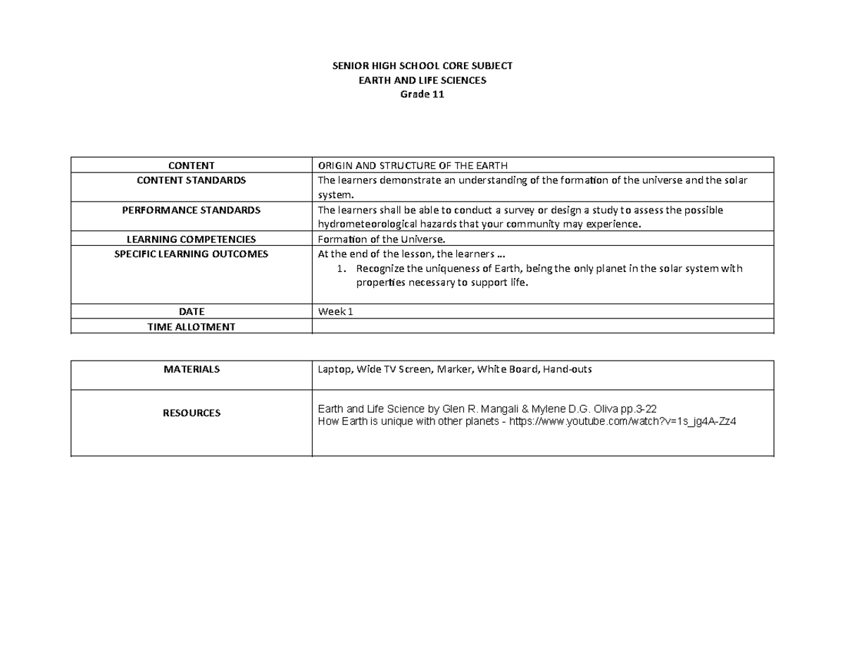 Detailed Lesson Plan: Earth and Life Sciences (Grade 11, Week 1) - Studocu