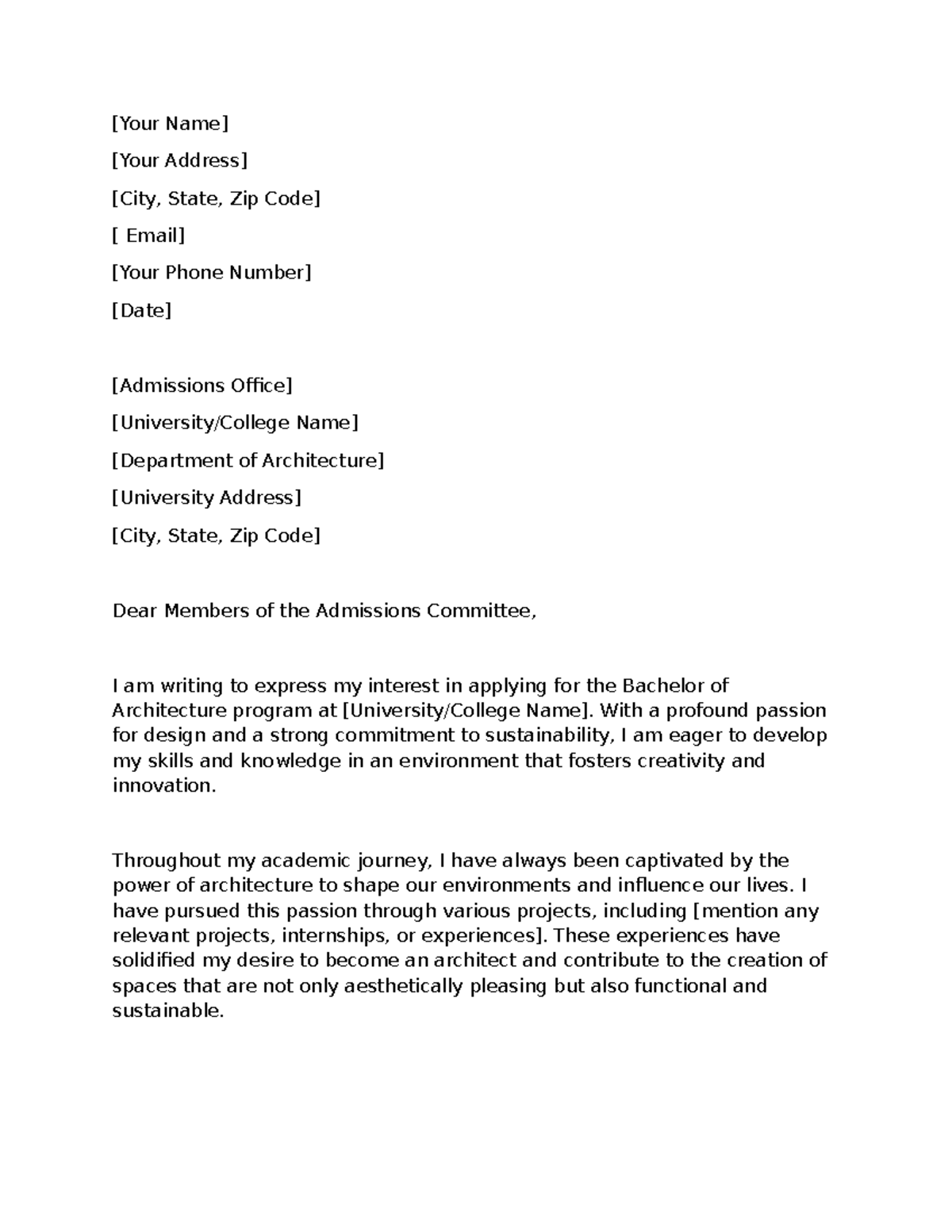 Application Letter for Bachelor's in Architecture - [Your Name] - Studocu