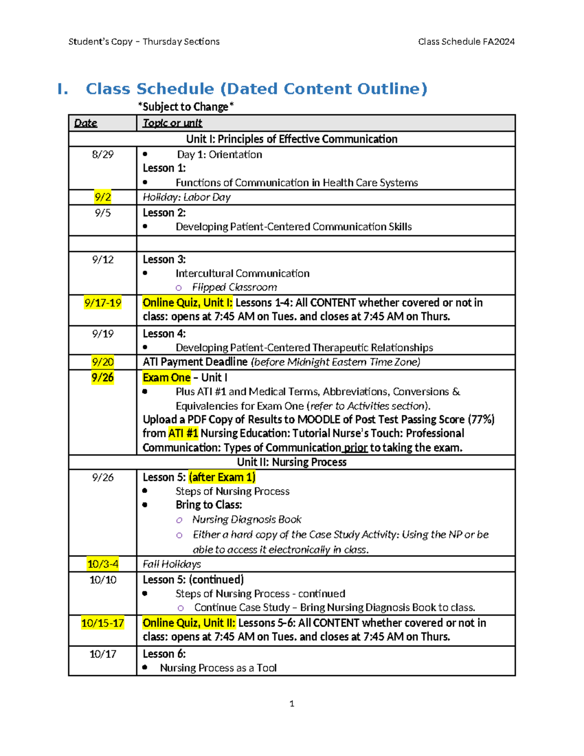 Thursday Class Schedule FA: Principles of Effective Communication ...