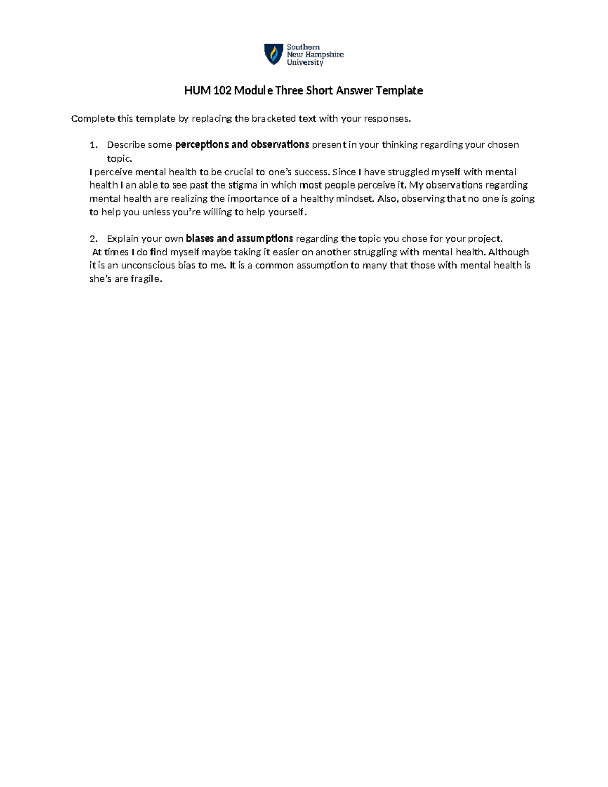 HUM 102 Module 3 Short Answer: Mental Health Insights - Studocu