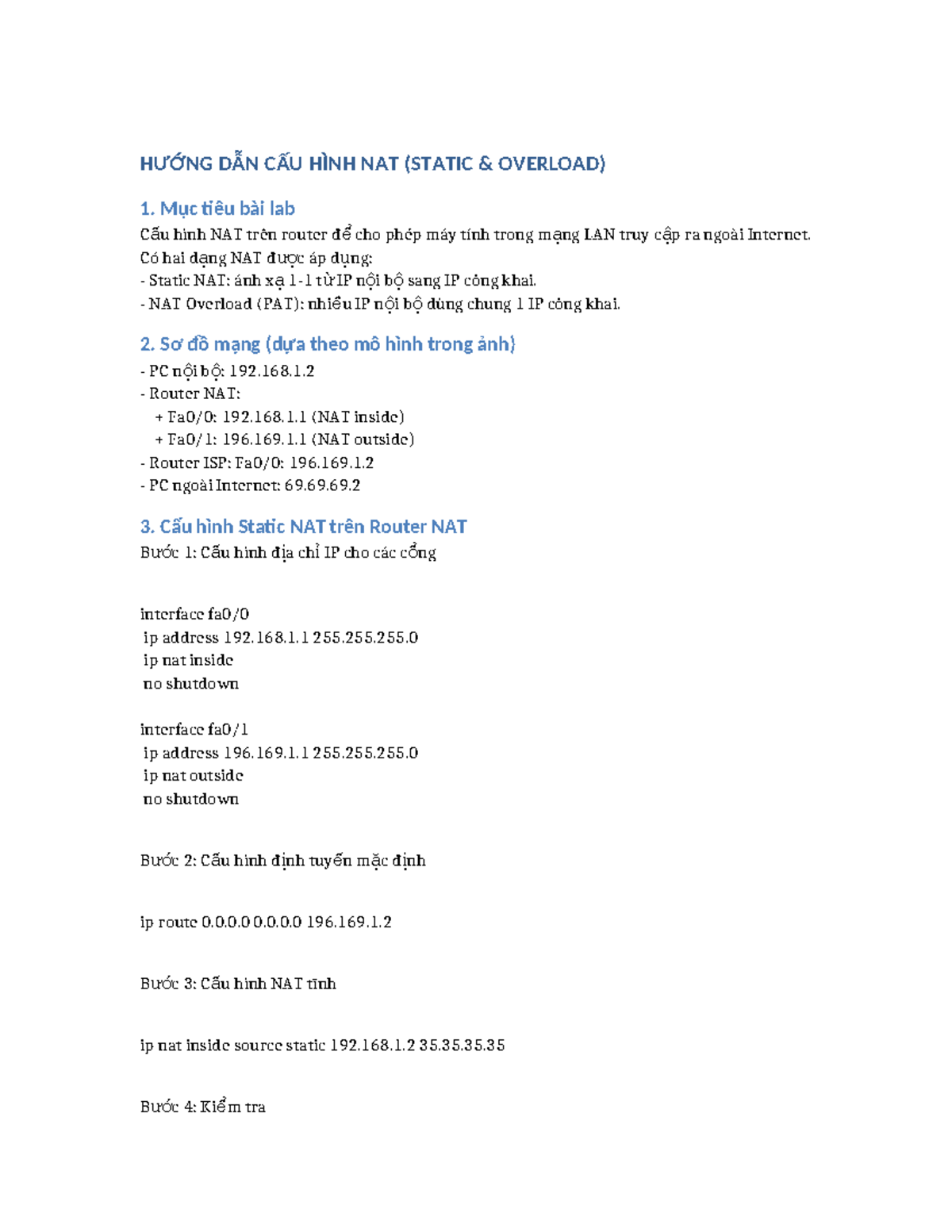 HƯỚNG DẪN CẤU HÌNH NAT (STATIC OVERLOAD) TRÊN ROUTER - Studocu