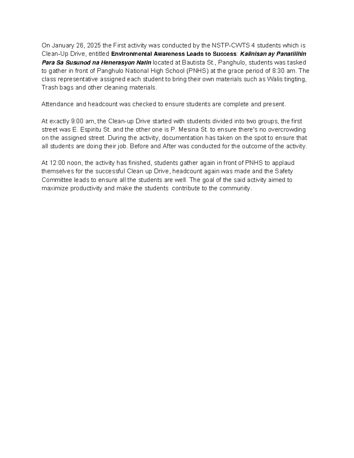 Clean-up Drive Narrative Report (Draft) - Environmental Awareness ...