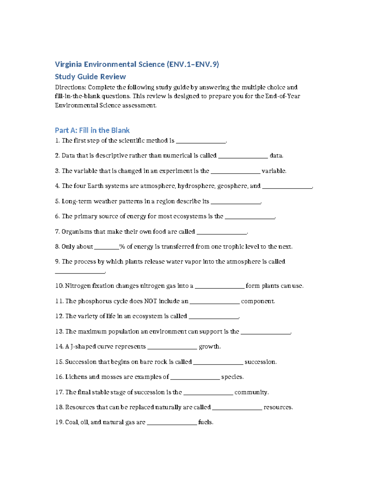 Environmental Science EOY Study Guide Review (ENV 101) - Studocu