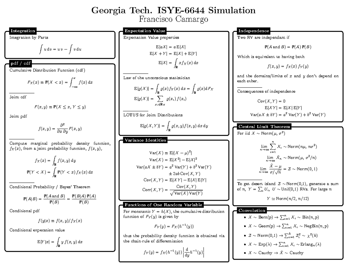 Cheat sheet 1 - Georgia Tech. ISYE-6644 Simulation Francisco Camargo Integration by Parts udv=u ...