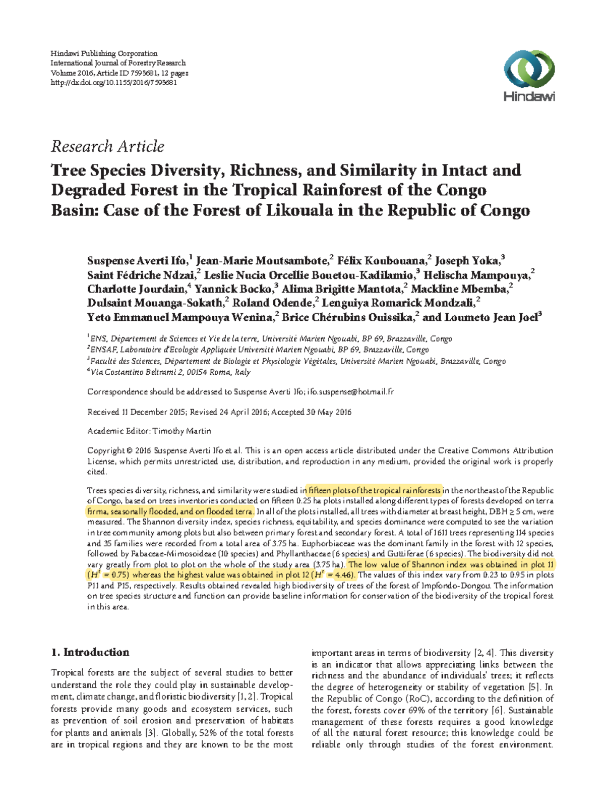 Tree Species Diversity in Intact vs Degraded Forests of Likouala, RoC ...