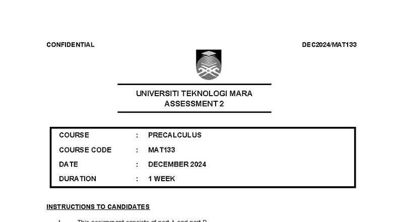 Mat133 Precalculus Assessment 2 Assignment Instructions And Questions