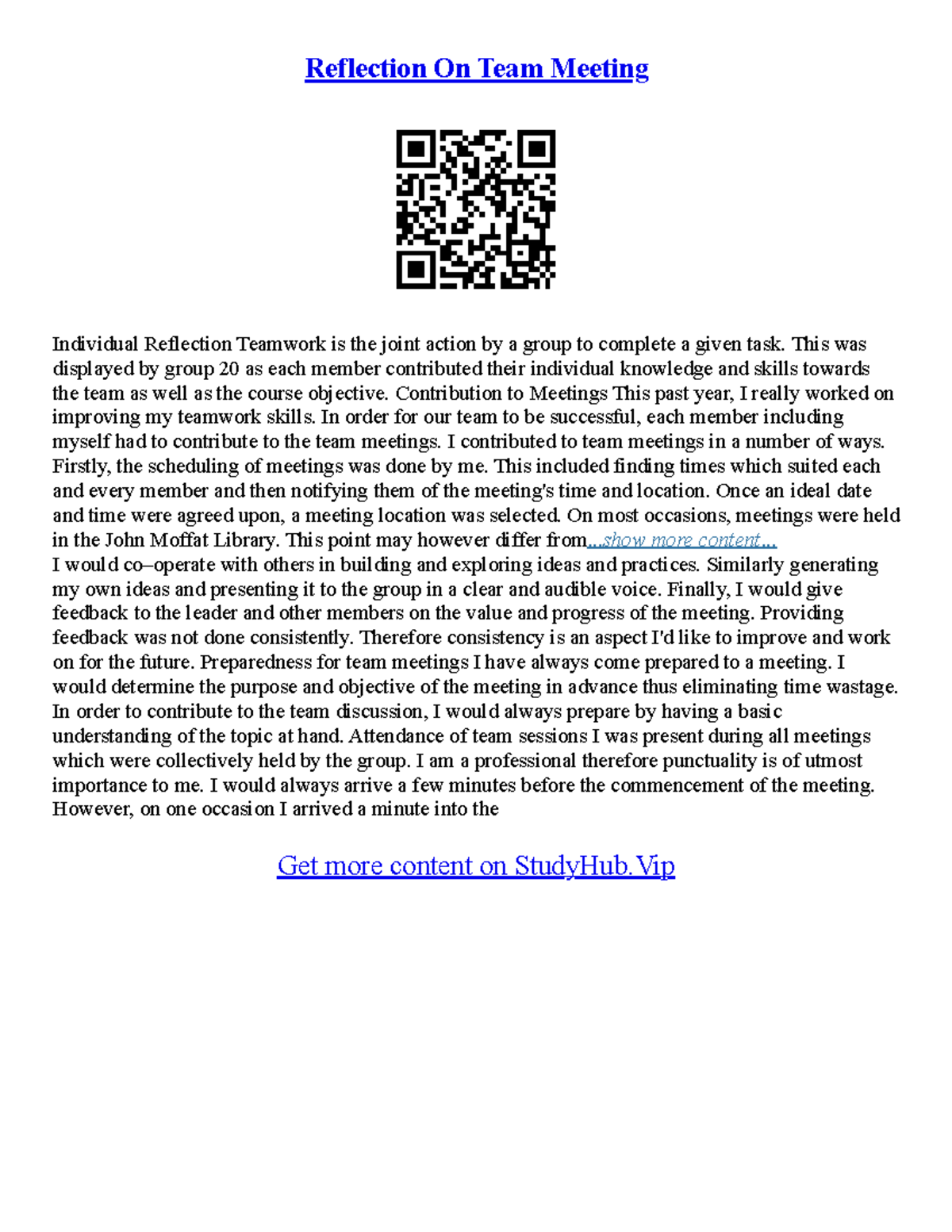 Reflective Essay On Teamwork - Reflection On Team Meeting Individual ...