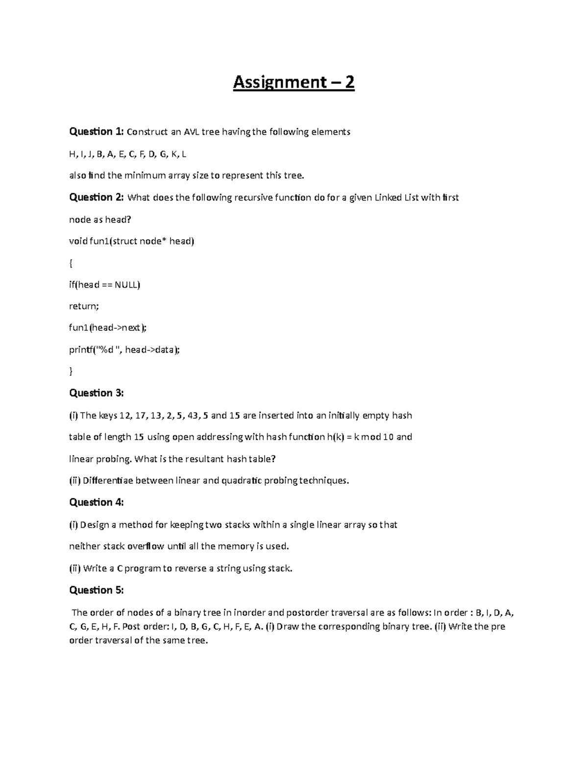 Assignment 2DS: AVL Trees, Linked Lists, & Hashing Techniques Analysis - Studocu