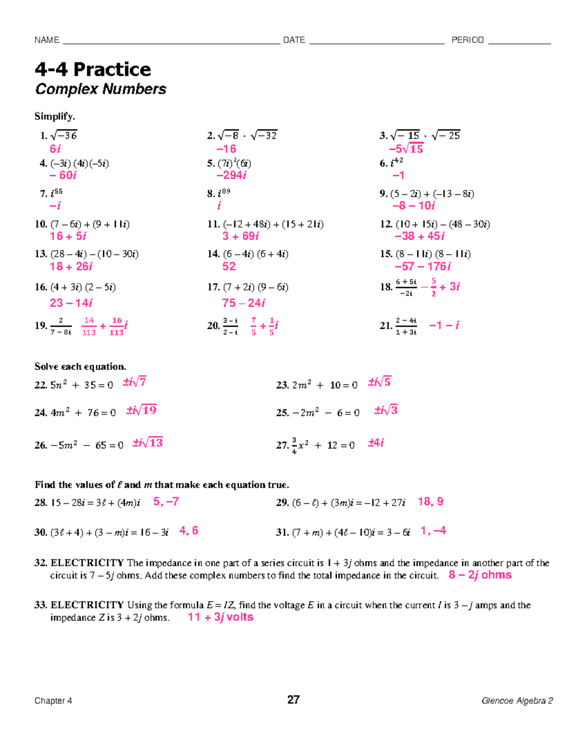 Math 4.4-4.7 Homework: Practice with Complex Numbers - Studocu