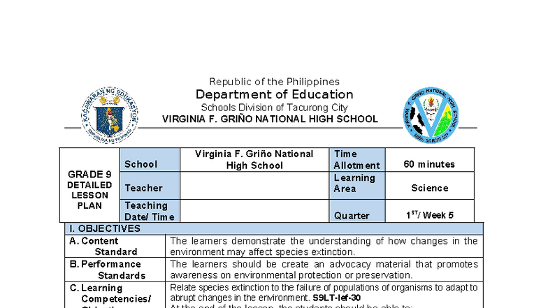 Grade 9 Science Detailed Lesson Plan: Causes of Species Extinction ...