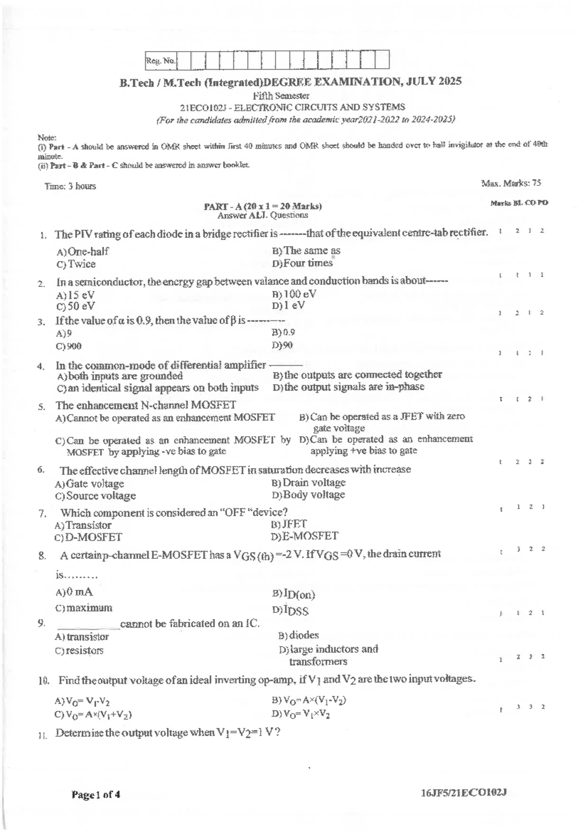 21ECO102J Electronic Circuits & Systems Final Exam July 2025 - Studocu
