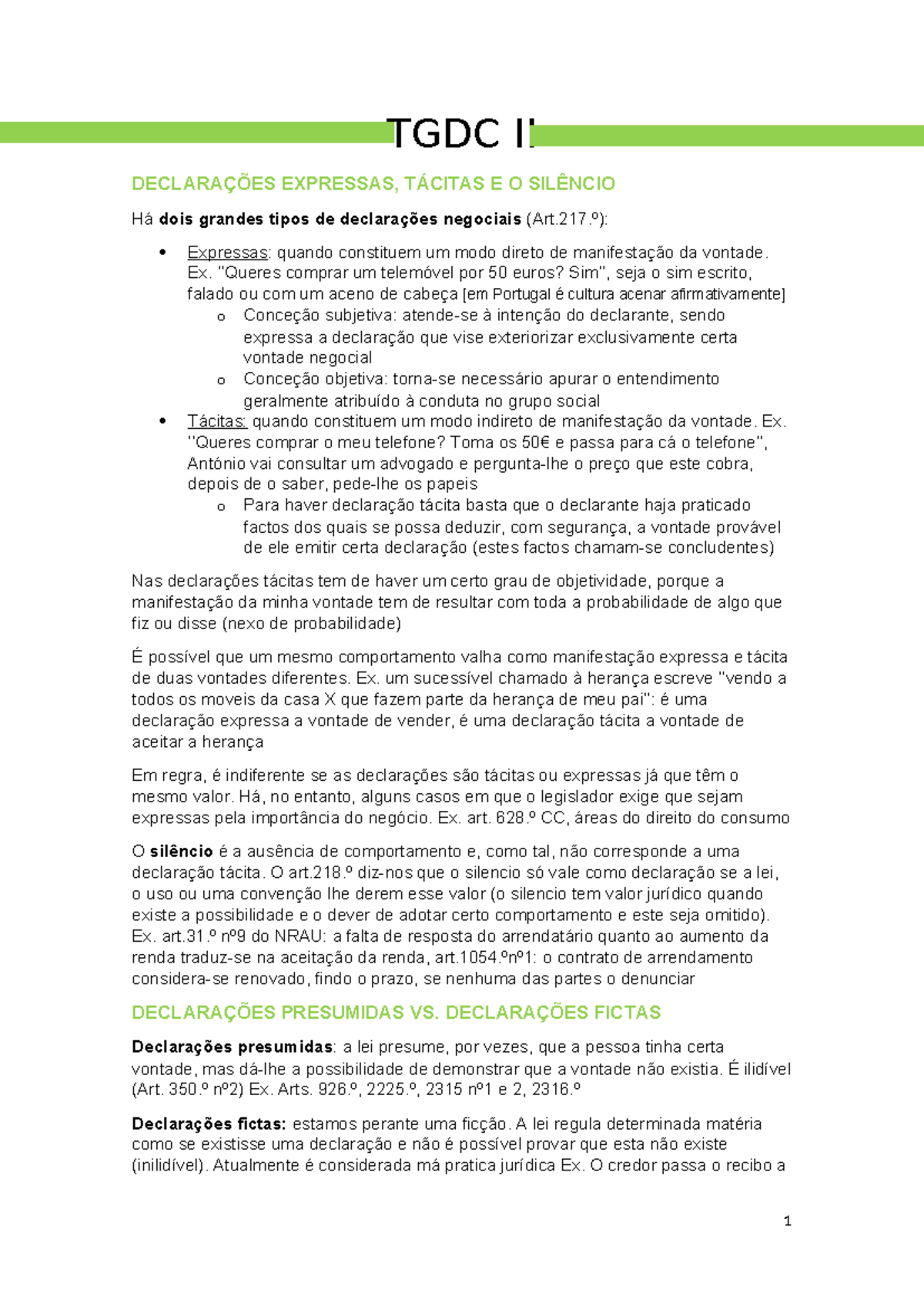 Resumos TGDC II: Declarações Expressas, Tácitas e Silêncio - Studocu